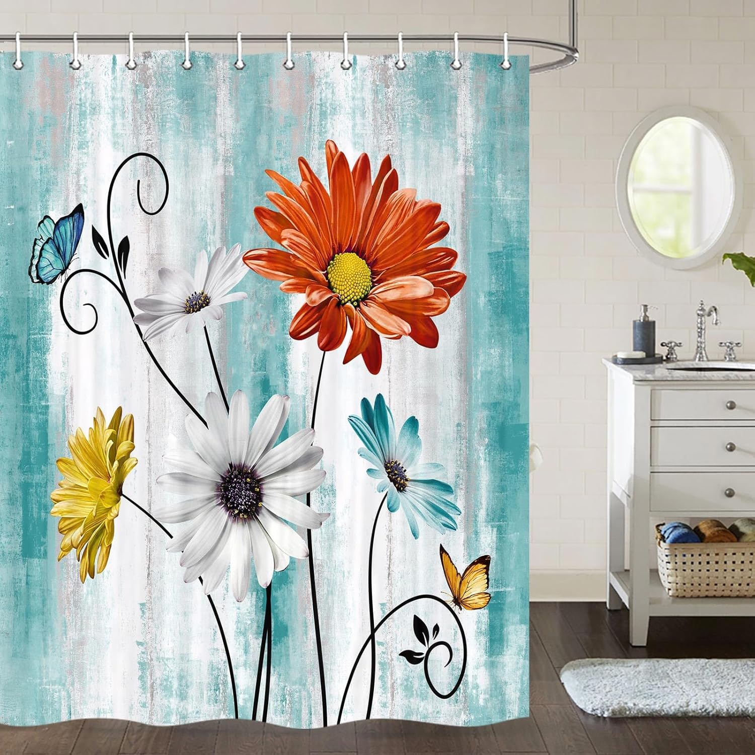 Amazon.com: JAWO Orange Daisy Floral Shower Curtain, Farm Rustic ...