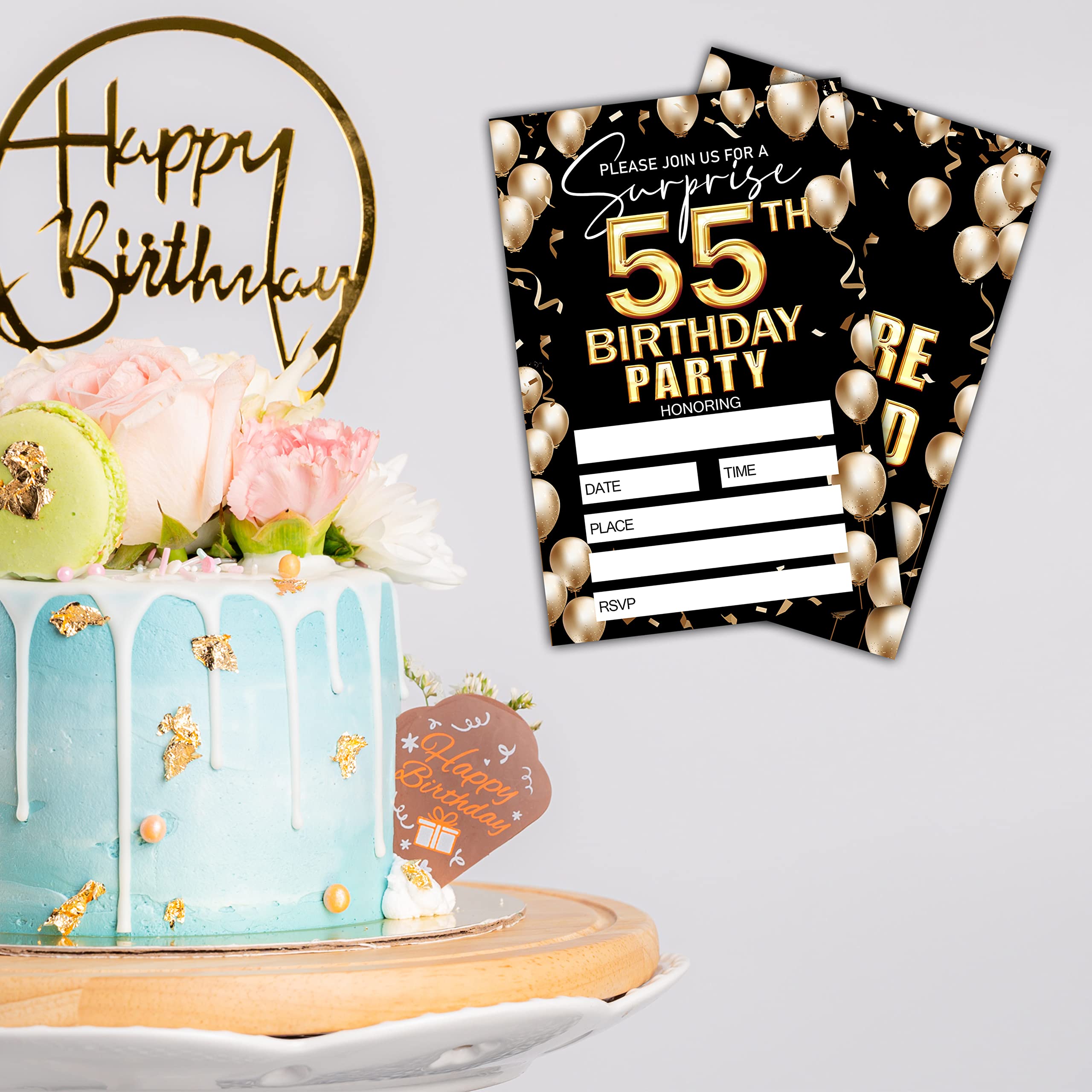 Happy 55th Birthday Invitation Gold Acrylic Hello 55 Birthday Cake