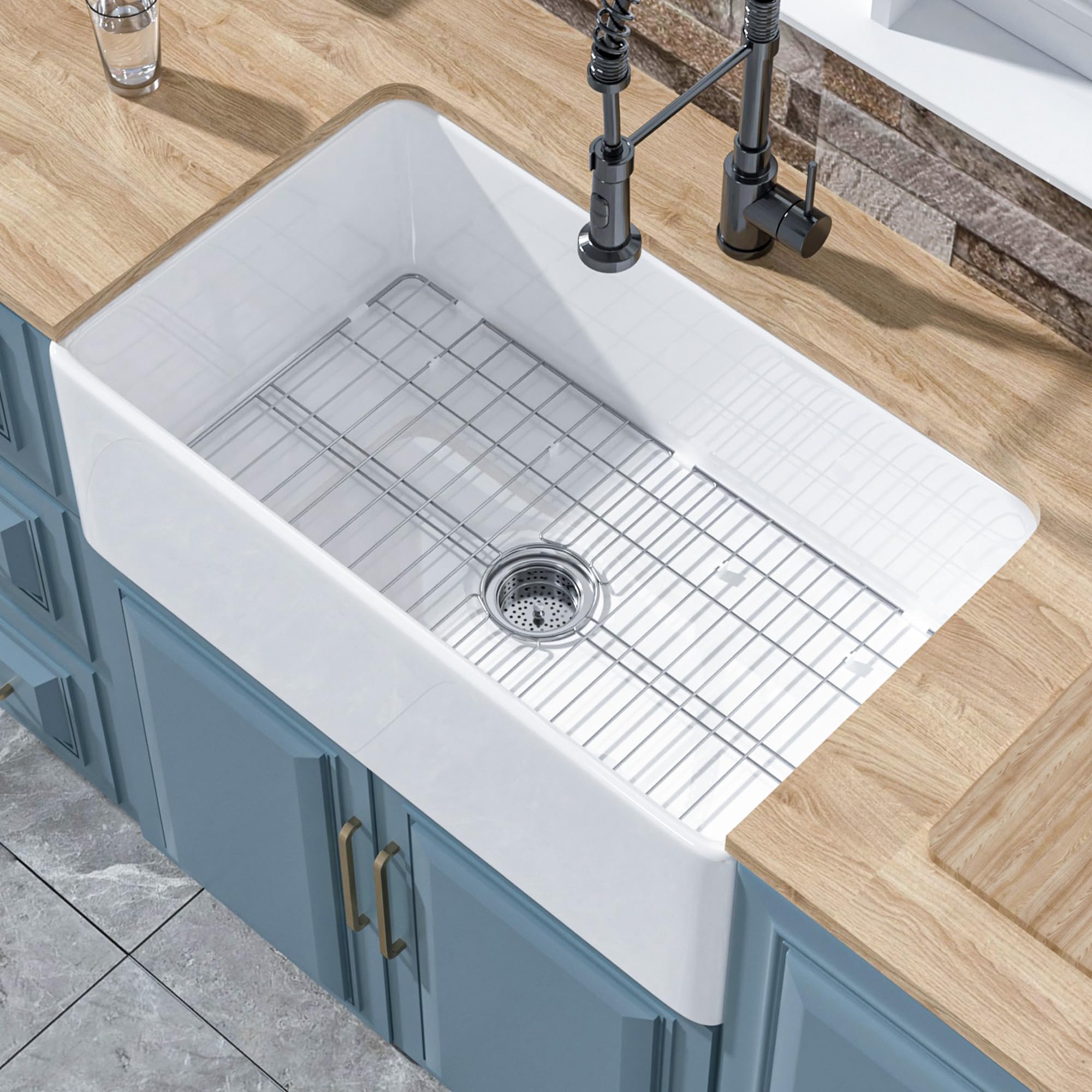 HOMLYLINK Farmhouse Sink 30 Inch, Fireclay Farm Sink, White Farmhouse ...