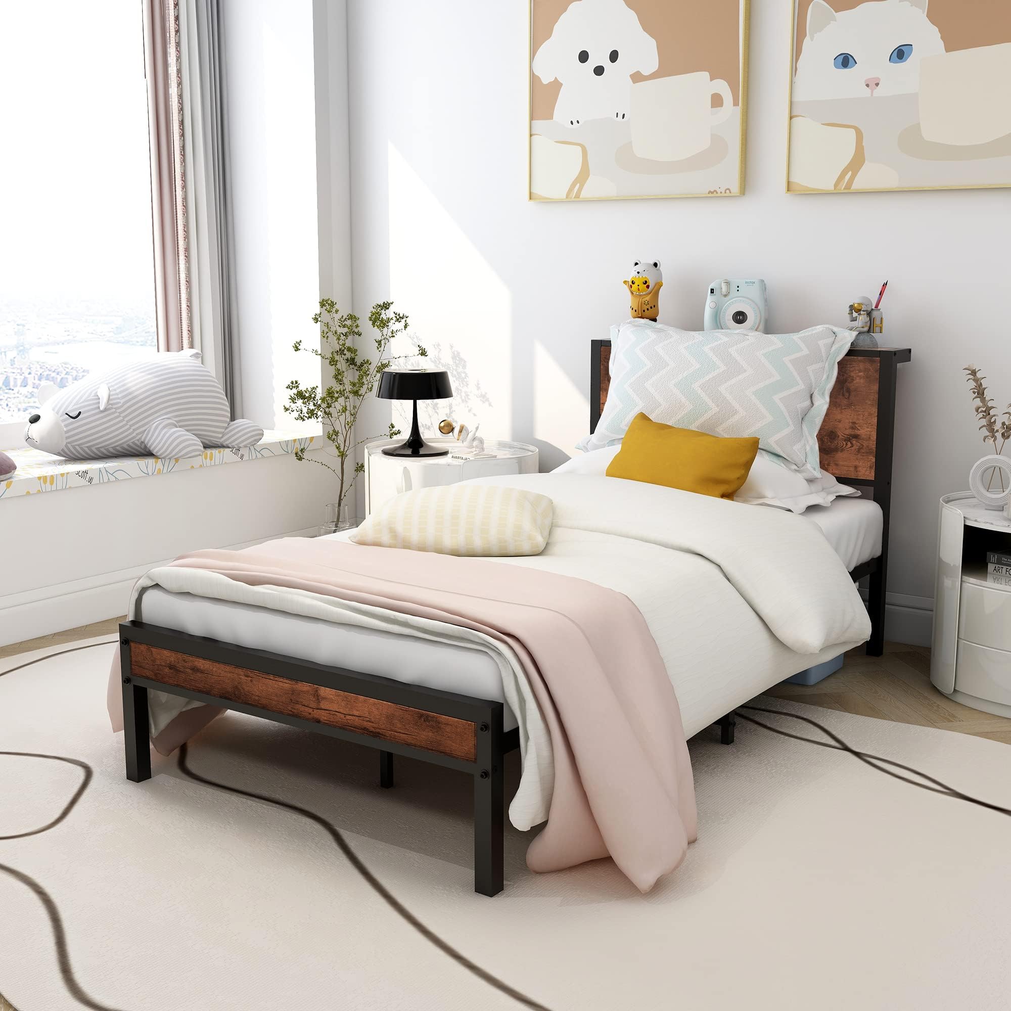 Diolong Twin Bed Frame with Wood Storage Headboard, Metal Platform Bed ...