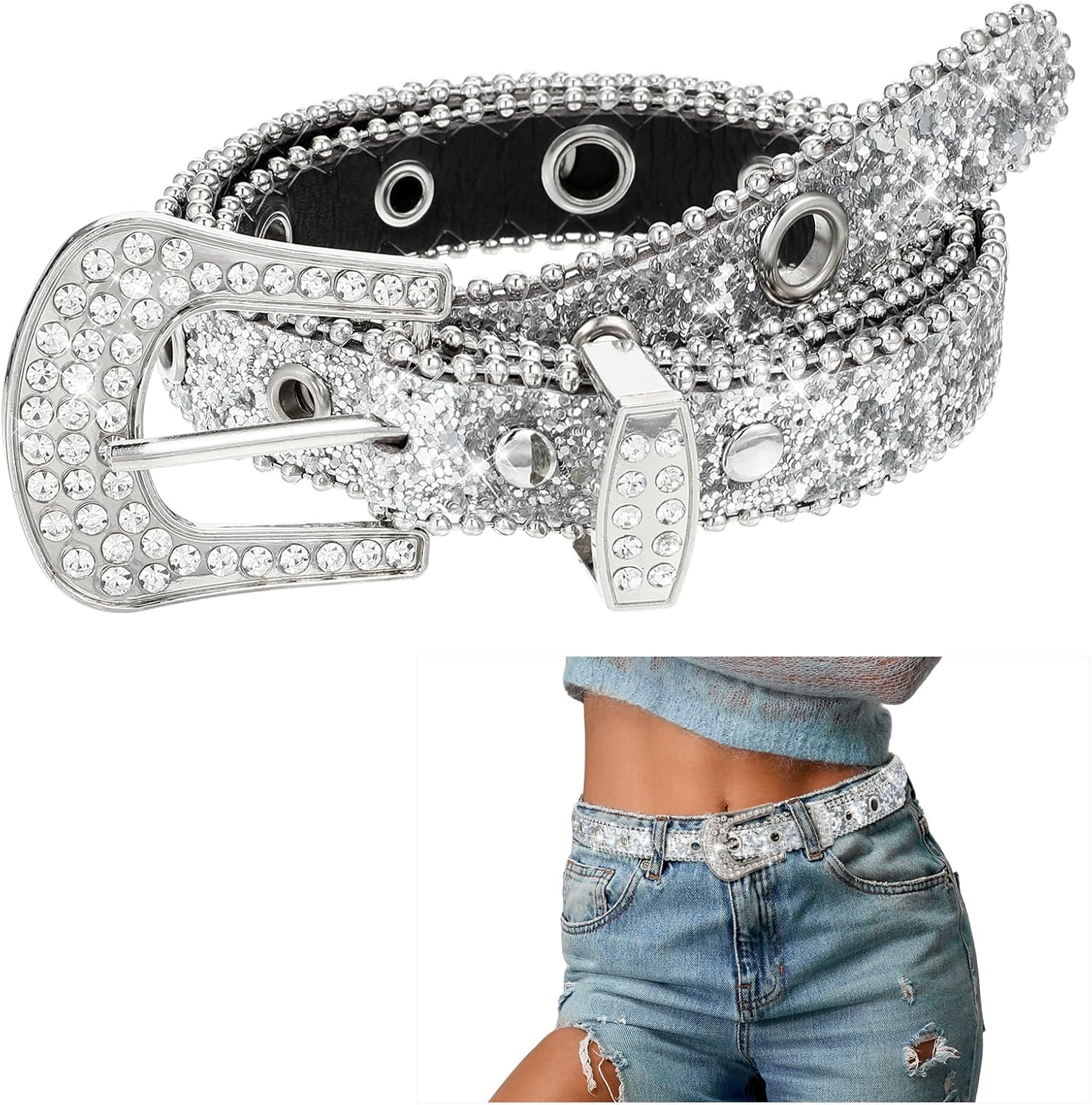 KFHENSOMR Rhinestone Belts Silver Western Sparkly Belt Cowgirl Cowboy ...