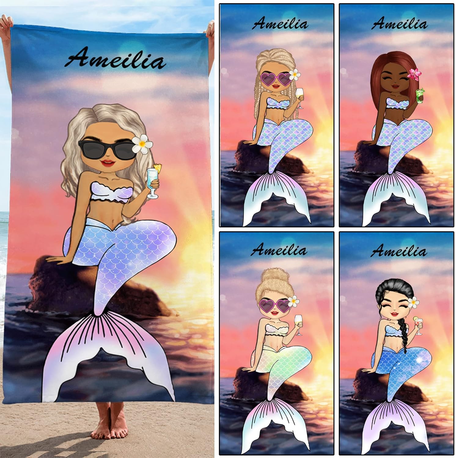 Amazon.com: Personalized Mermaid Chibi Beach Towels with Name for Girls ...