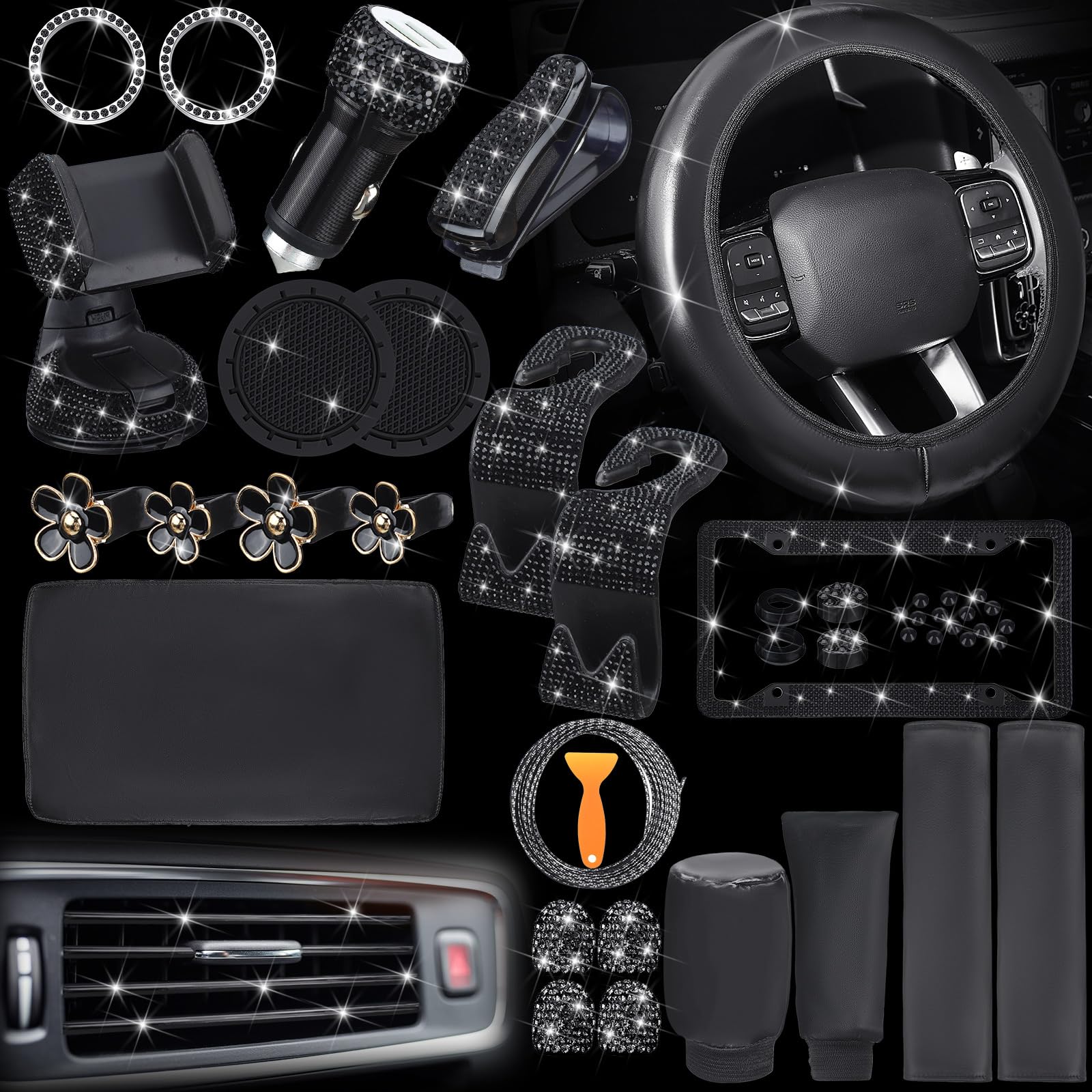 Amazon.com: 46 Pcs Bling Car Accessories Set for Women Leather Steering ...