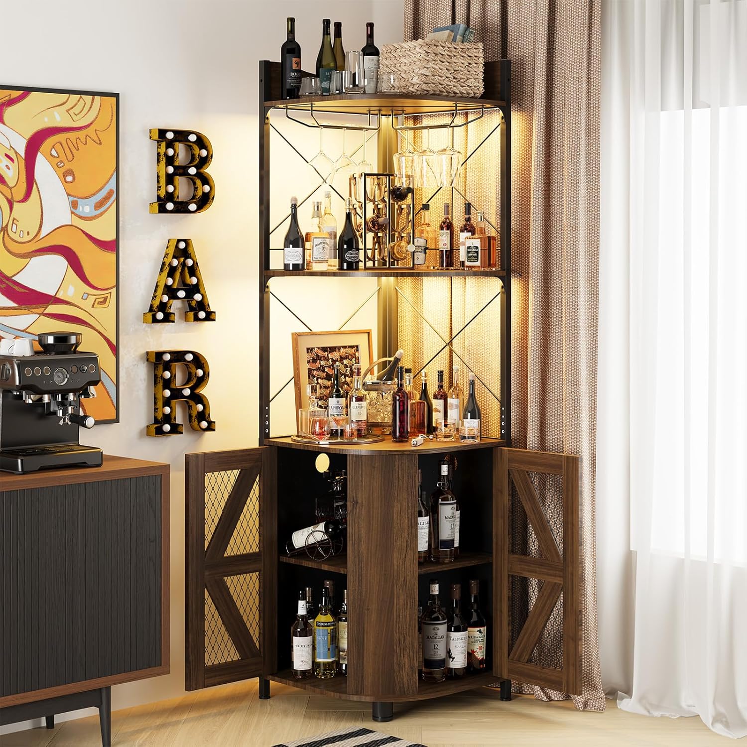 Pipleo Corner Bar Cabinet with LED Lights and Power Outlet, 63 Inch, 5 ...