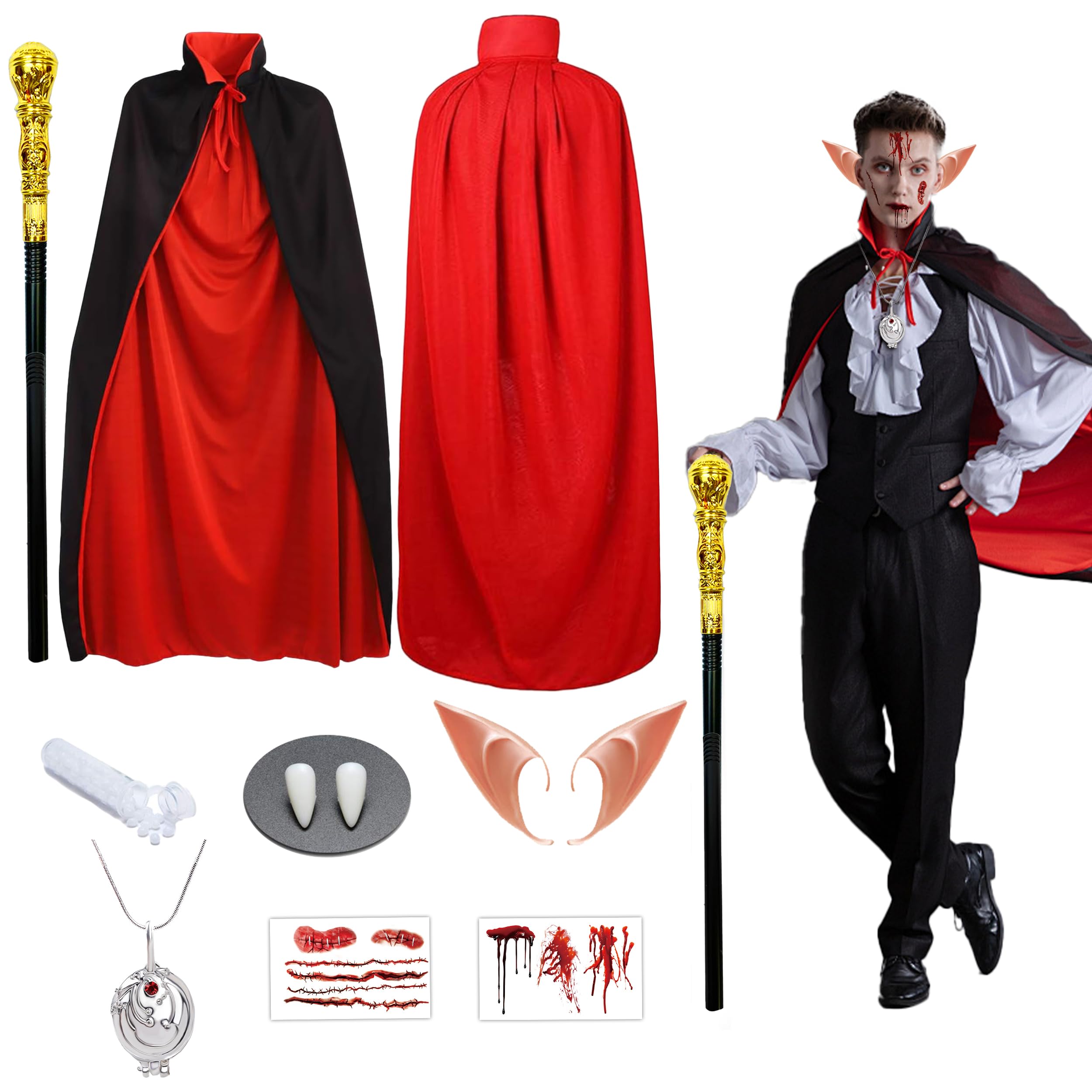 Abitoncc Halloween Vampire Costume Cloak, Black and Red Cape, Elf Ears ...