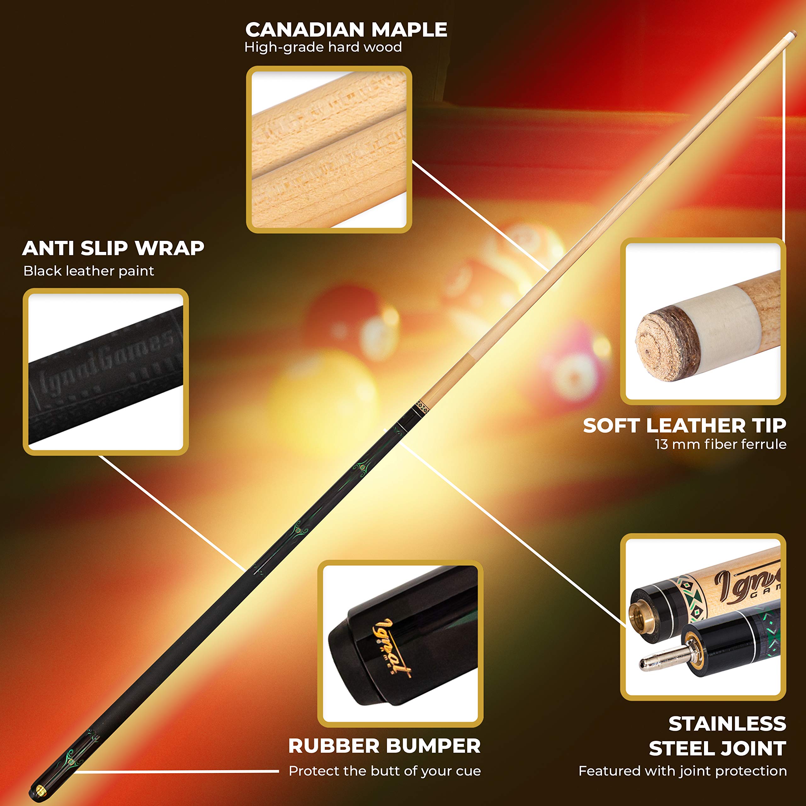 IgnatGames 2-Pieces Pool Cue Stick - 58" Canadian Maple Professional ...