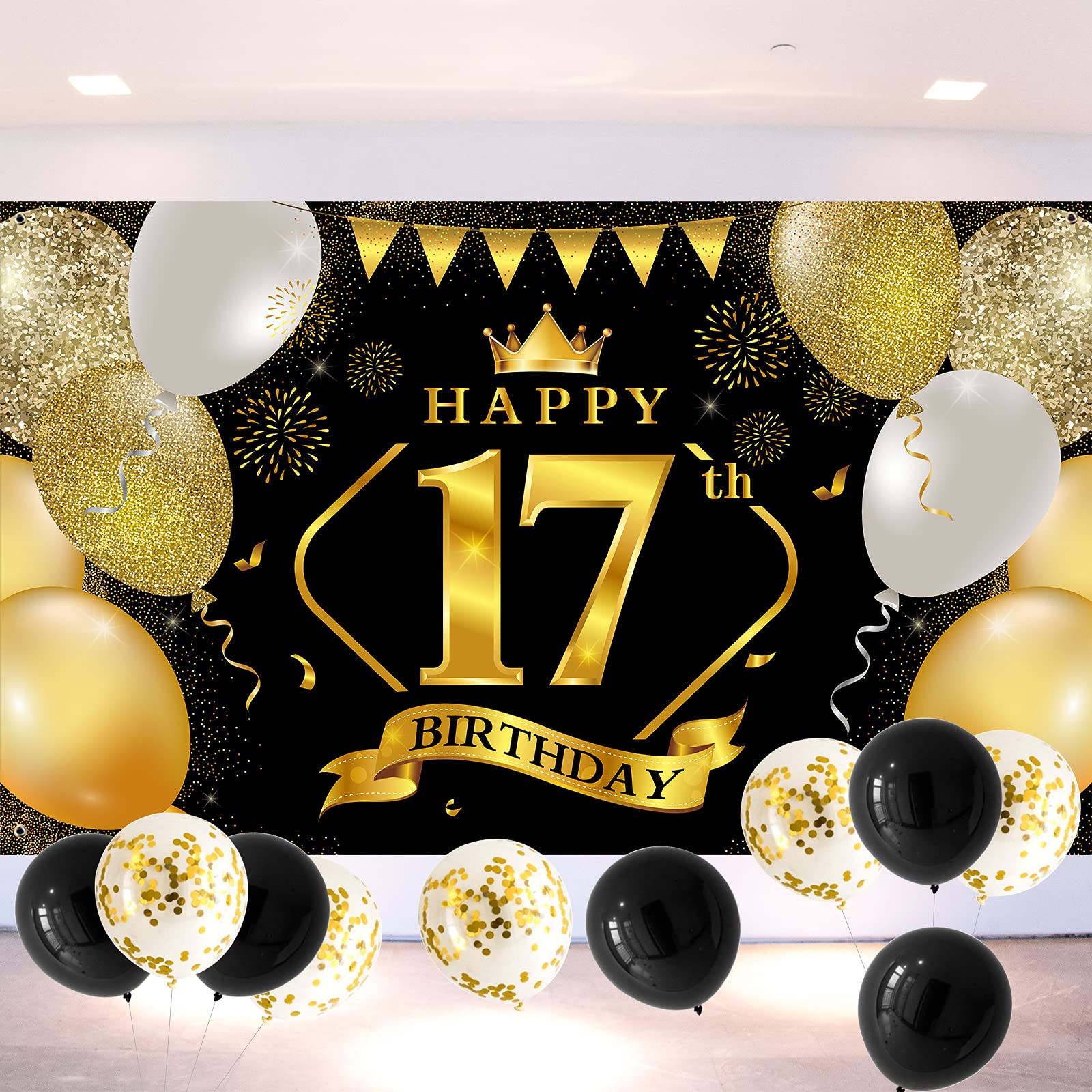 Buy 17th Birthday Party Decoration, Black Gold Extra Large Happy 17th ...