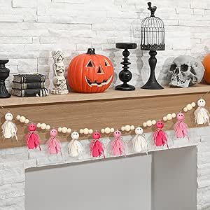 Amazon.com: Fanfanwin 7Ft Halloween Garland Cute Halloween Ghost with Wooden Beads Garlands ...