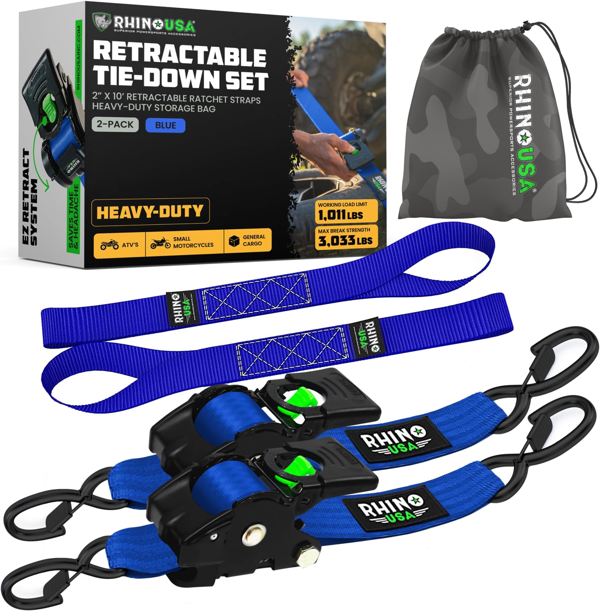 Rhino USA Retractable Ratchet Straps (2-Pack) - 2 Inch x 10 Feet (3 ...