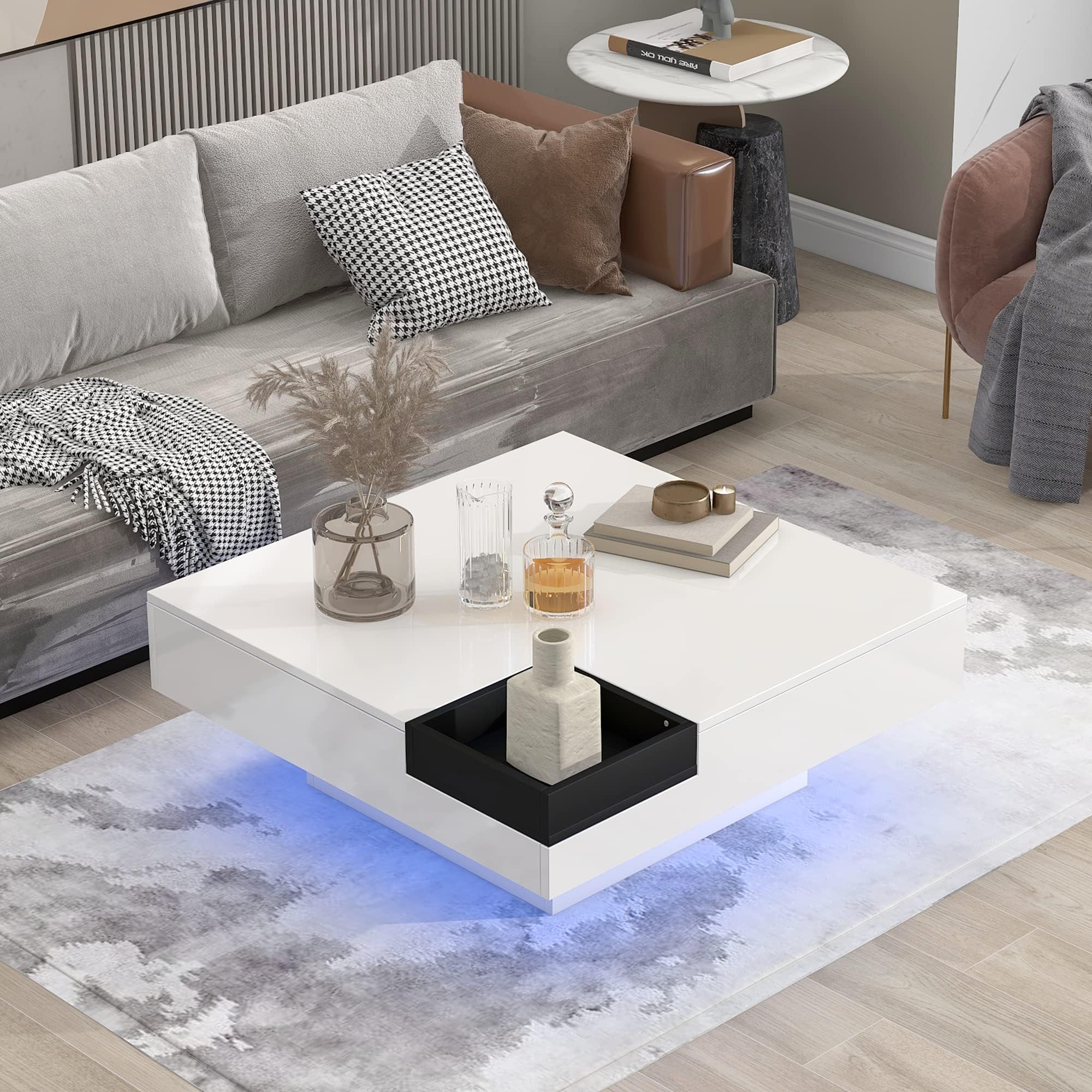 Amazon.com: White Square Coffee Table with LED Light, Detachable Tray ...