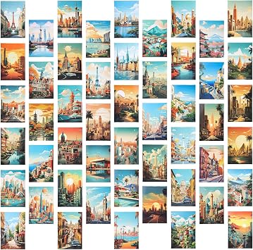 Cunegra 50PCS Vintage Travel Postcard Set, Illustrated World Landmark ...