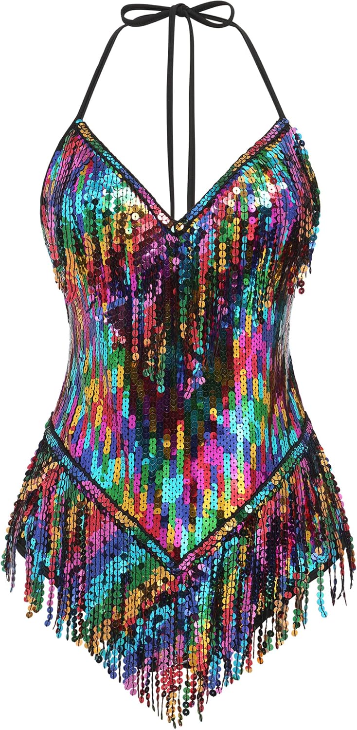 Amazon.com: IBAKOM Sexy Sequins Fringe Bodysuit Halter Lace Up Back ...