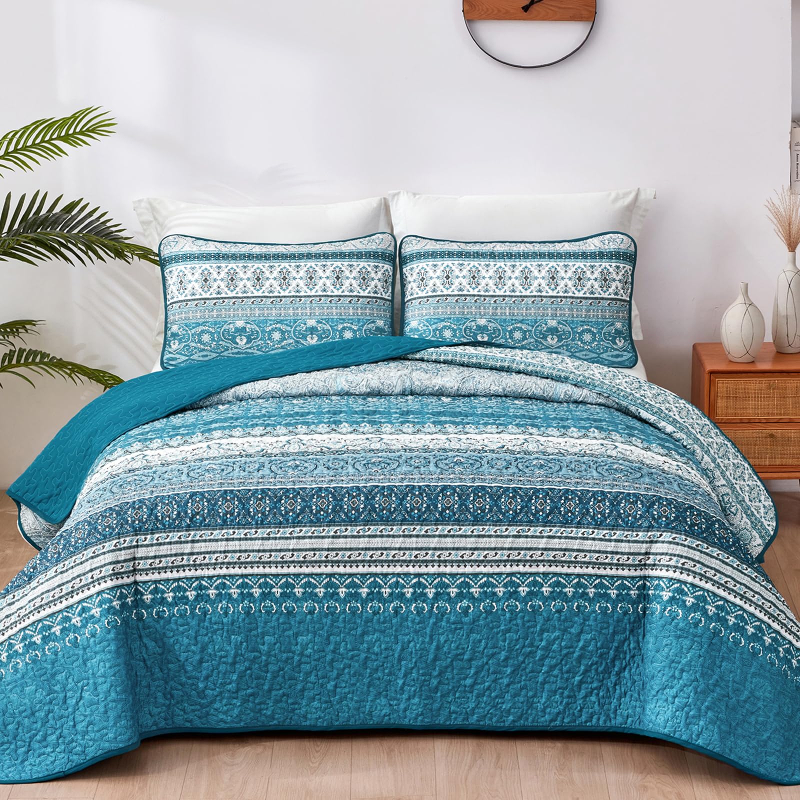 Amazon.com: WONGS BEDDING Boho King Quilt Set, Teal and Blue Bohemian ...
