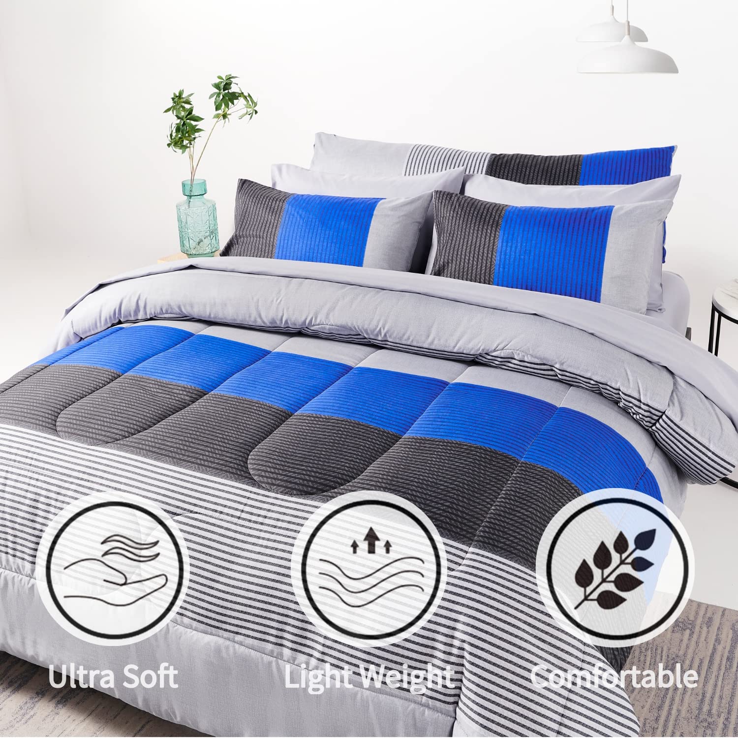 RYNGHIPY 8Pcs Blue and Grey Stripe Comforter Set Queen Size, Ultra Soft ...