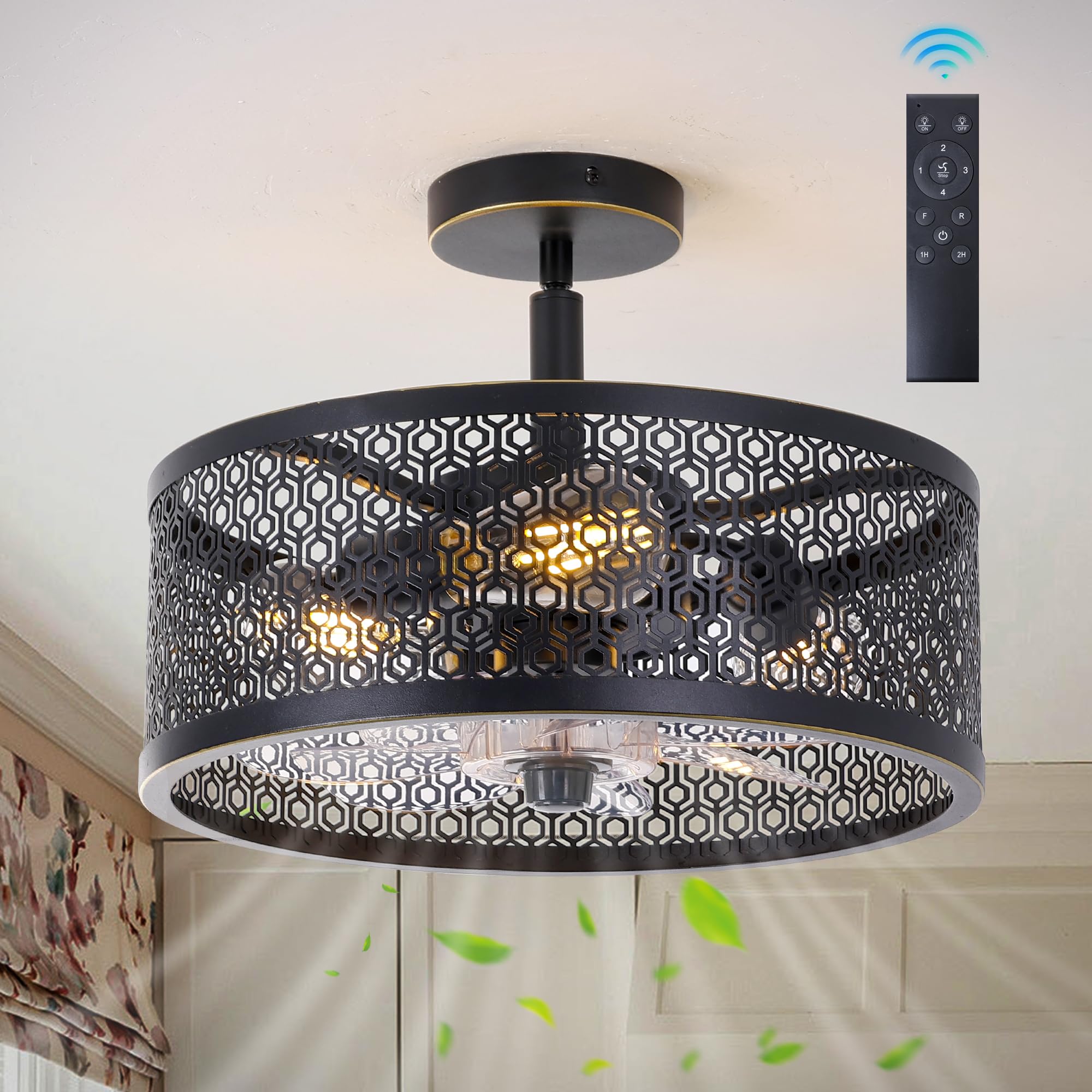 Sunny Hawaii Black Caged Ceiling Fans With Light, 15" Modern Industrial ...