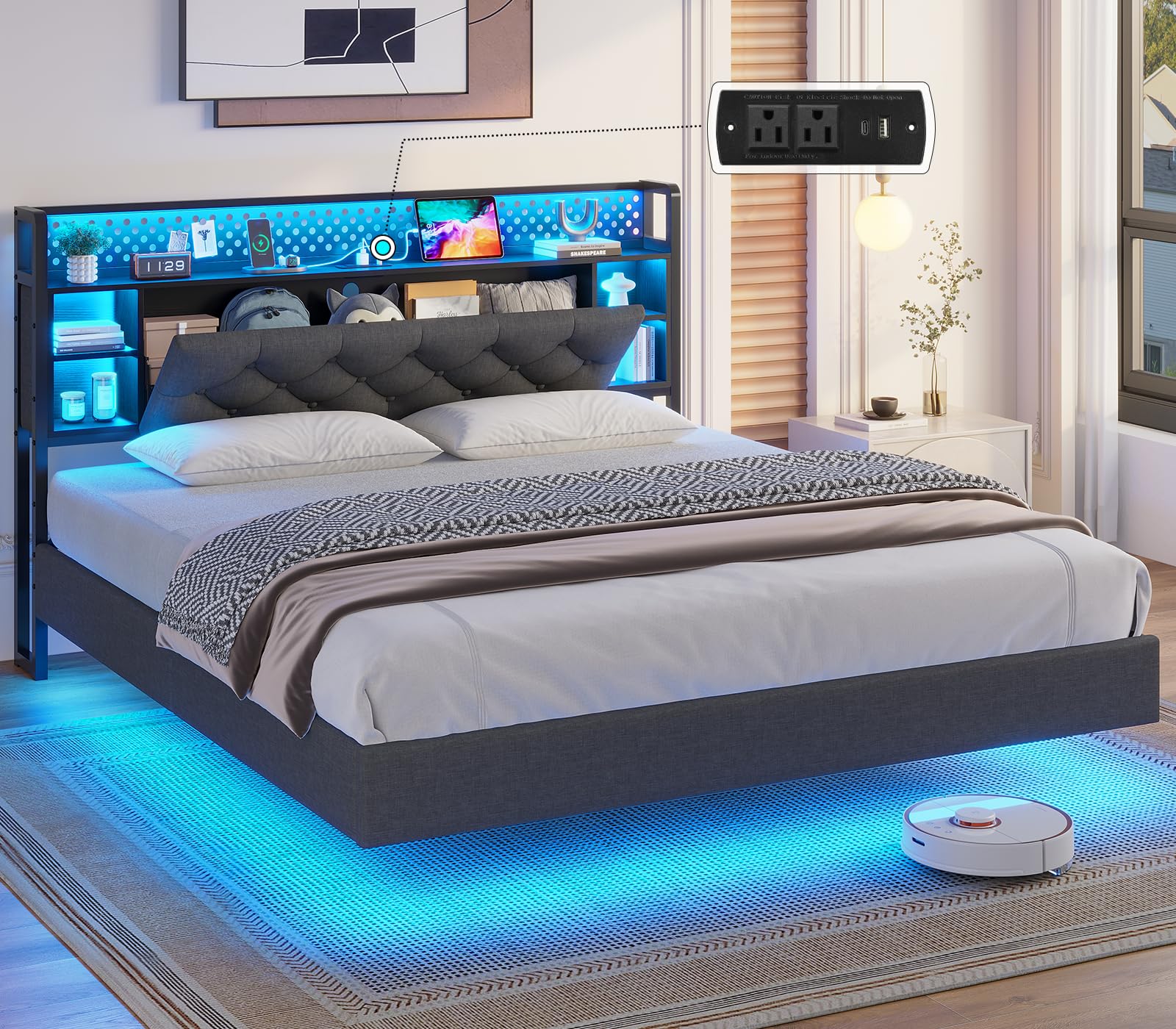 Amazon.com: ADORNEVE Floating Bed Frame Queen with Hidden Storage ...