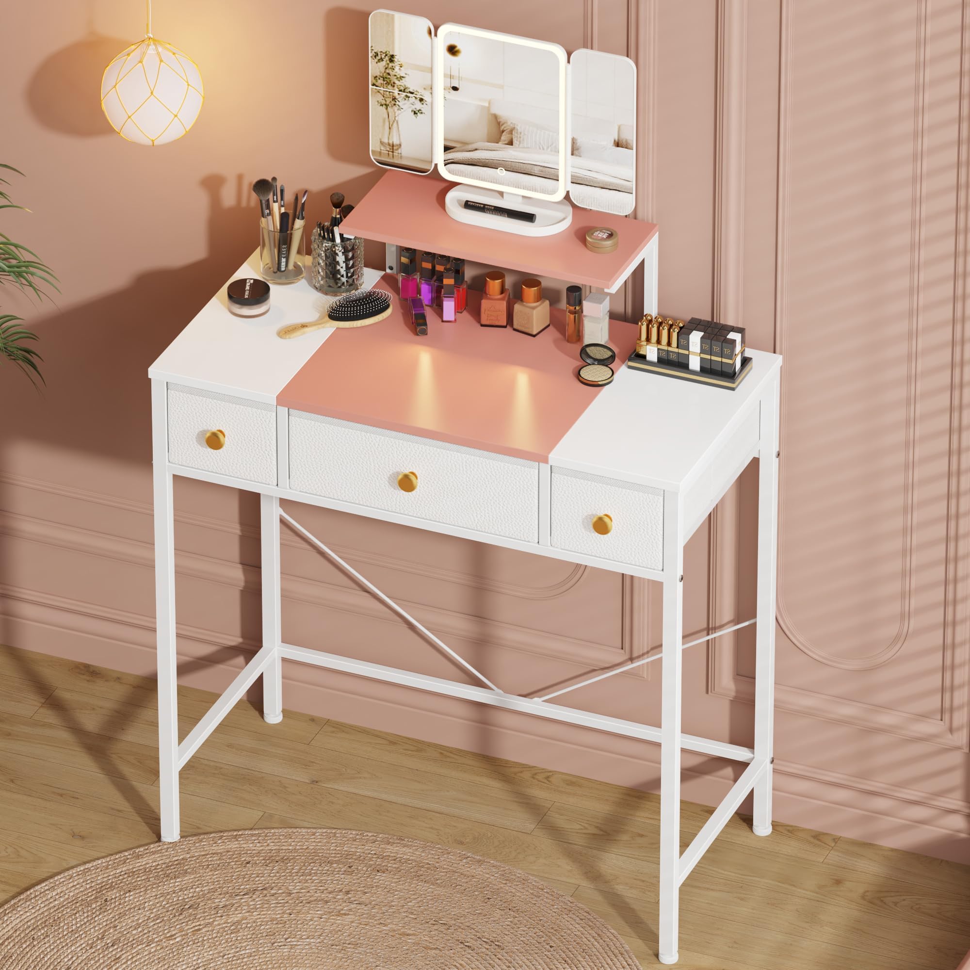 Amazon.com: Haewon White Small Vanity Desk Set with Mirror and Lights ...