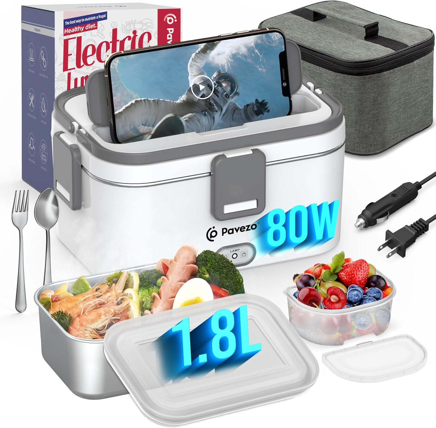 Pavezo® Electric Lunch Box [Faster-80W, Large-1.8L/61-oz] Food Heated ...