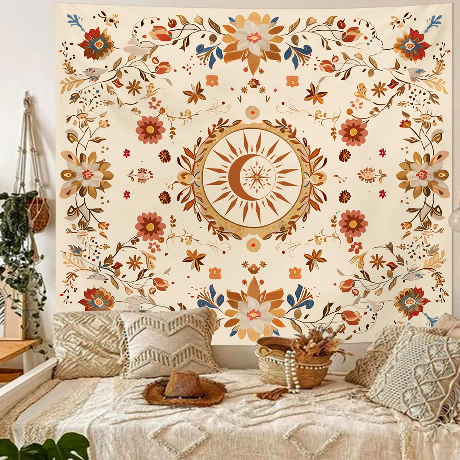 Amazon.com: Boho Floral Tapestry Aesthetic Wall Hanging, Bohemian ...
