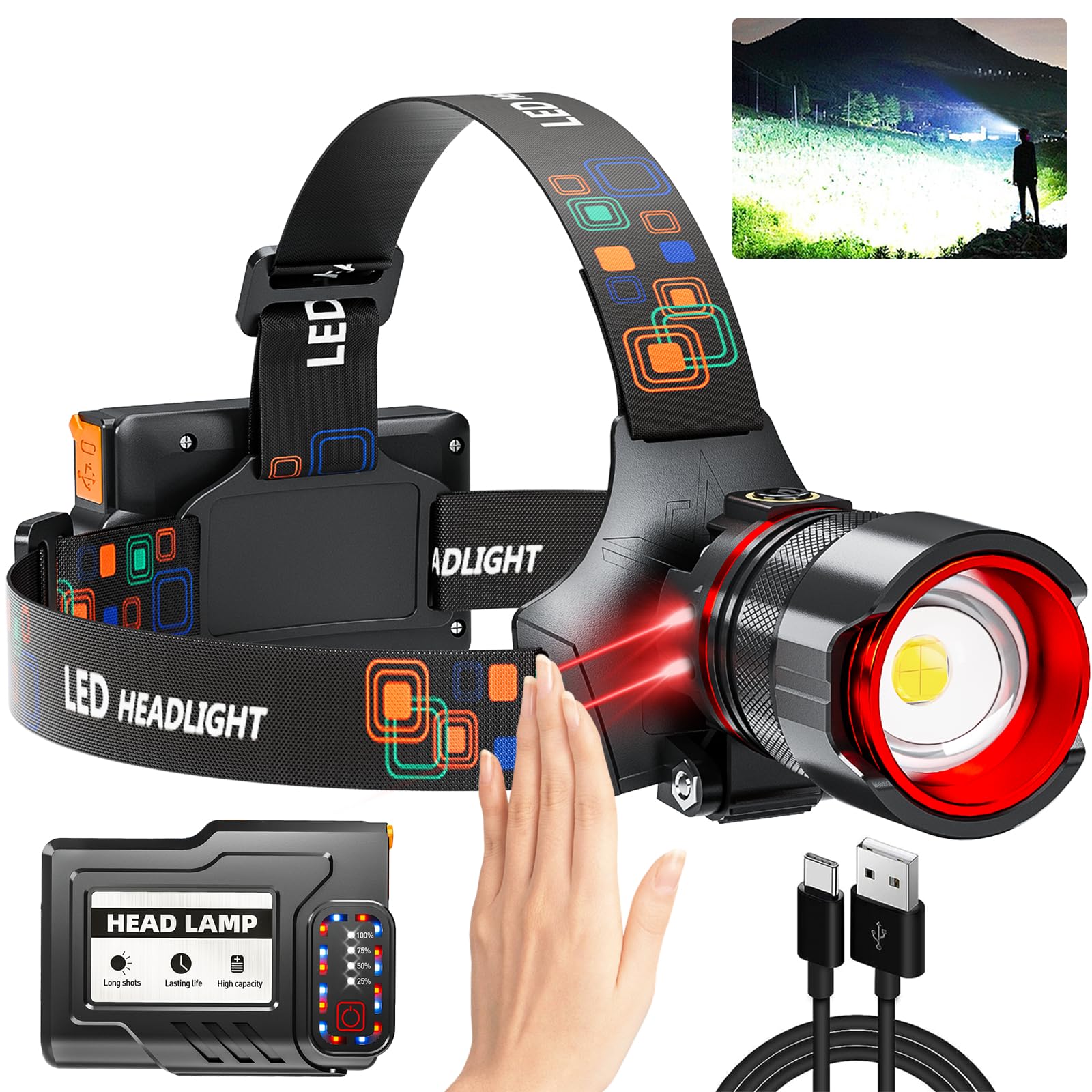 Rechargeable Headlamp 500000 High Lumens, LED Headlight with 5 Modes ...