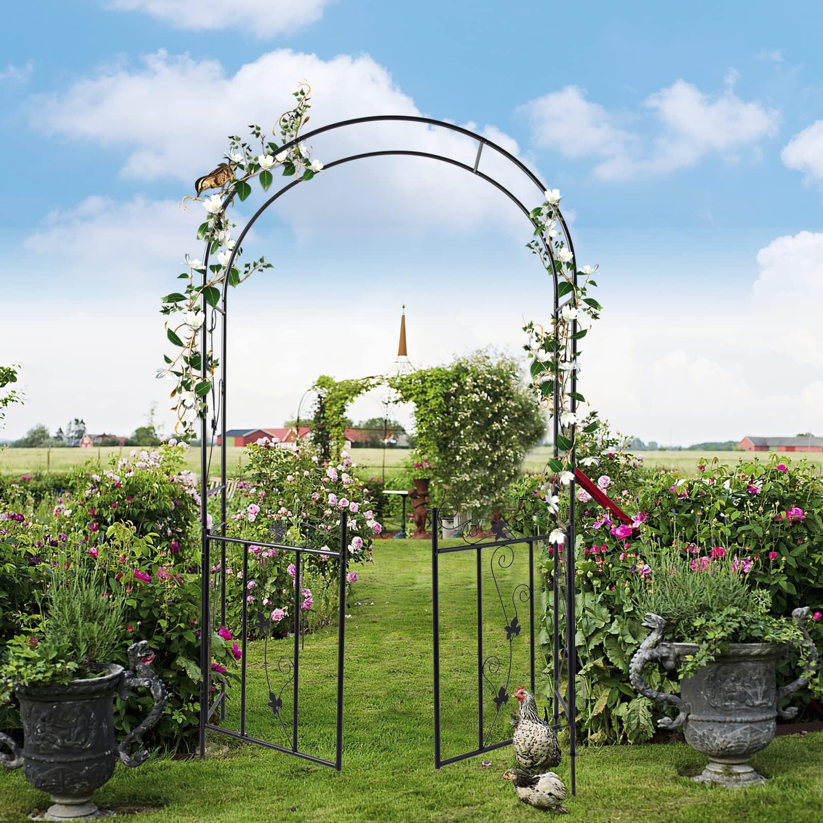 Amazon.com : Metal Garden Arch with Gate - Garden Trellis Archway for ...