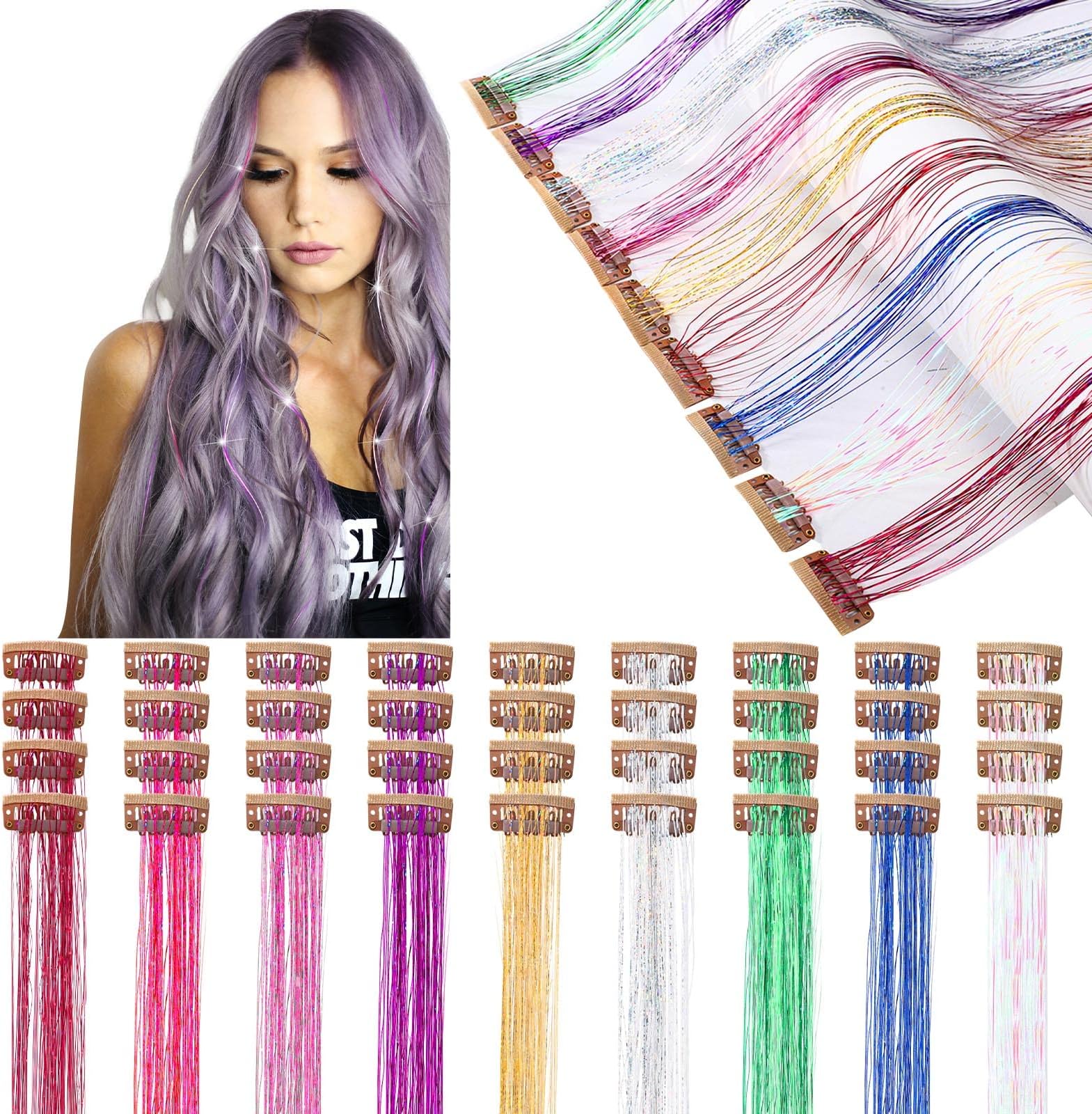 Amazon.com : Hair Tinsel Pack of 12 Pcs Clip in Hair Tinsel 20 Inch ...