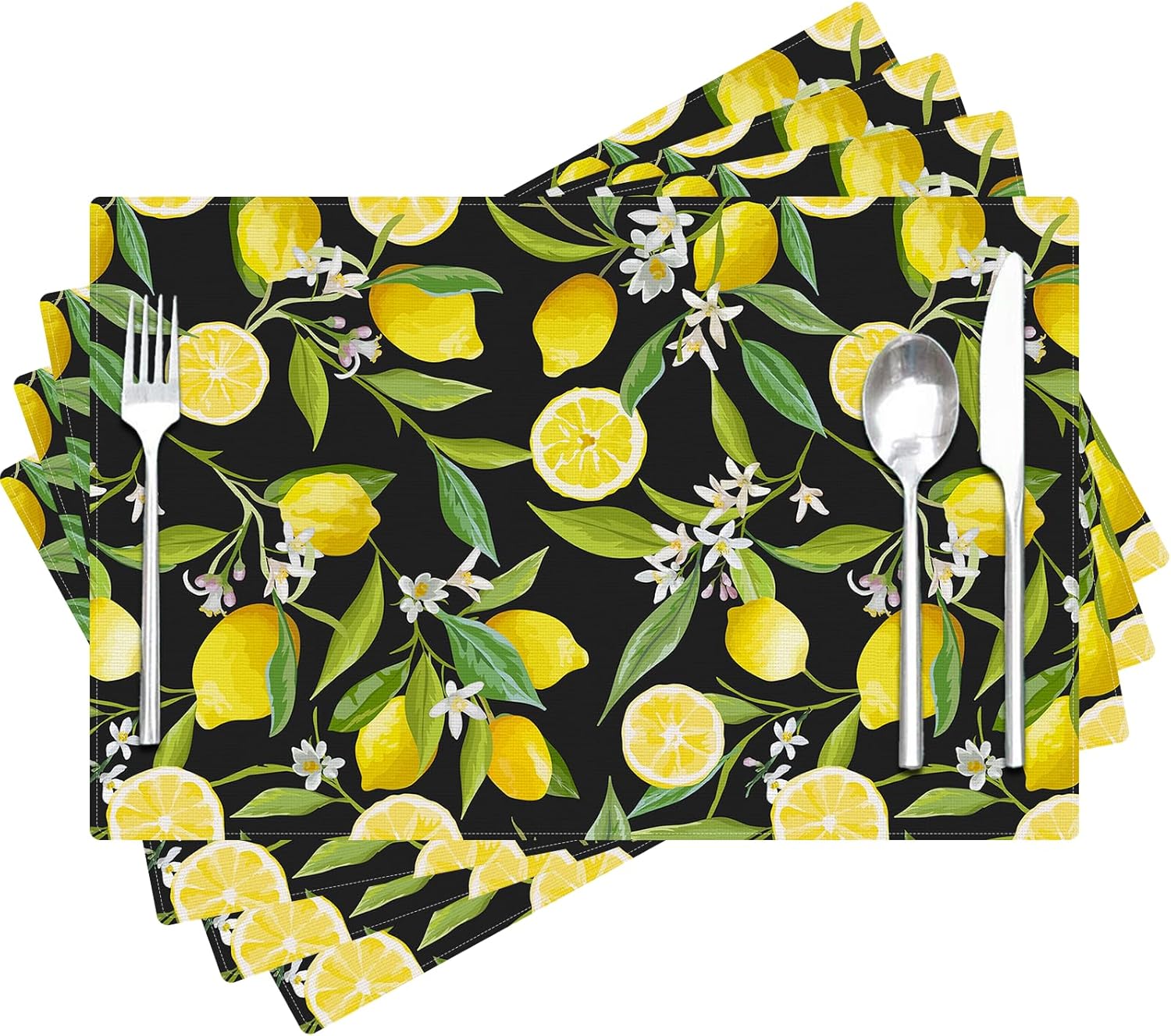 Amazon.com: Alricc Lemon Cafe Placemats Set of 4, Black and Yellow Summer Lemonade Fruit Dining ...