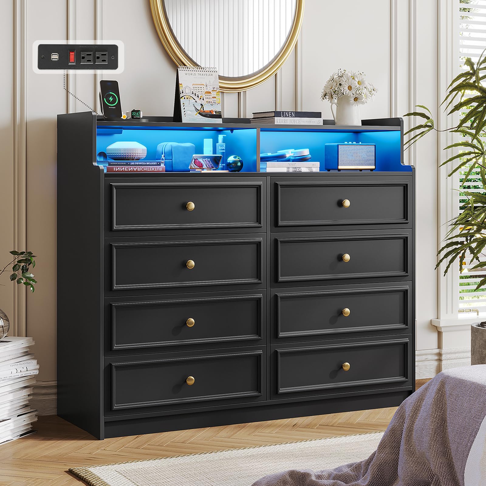 Amazon.com: Hasuit Black Bedroom Dresser with Charging Station, LED ...