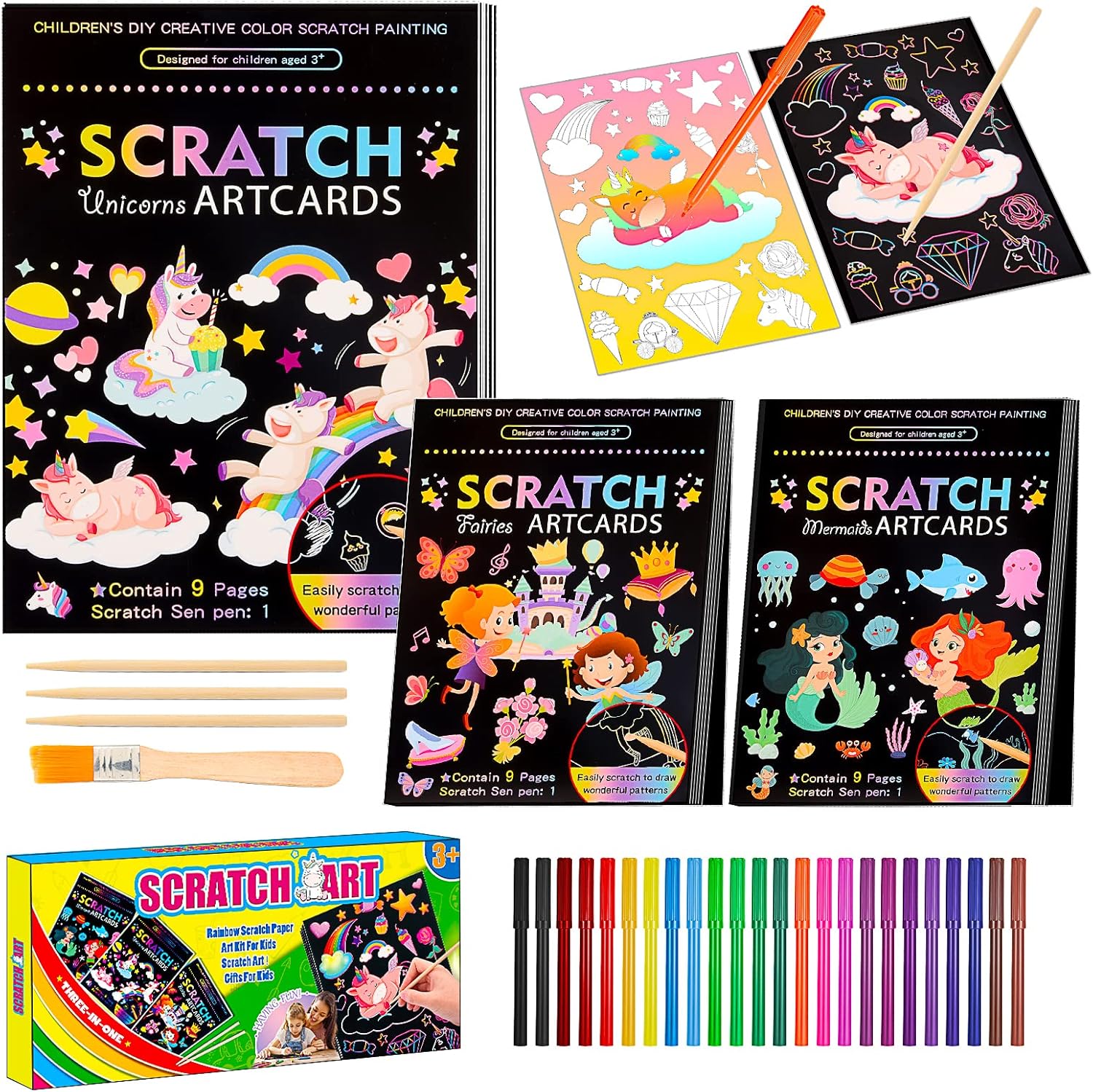 Hiwezezc Scratch Art for Kids 3 in 1 Scratch Paper Painting Set-Gifts ...