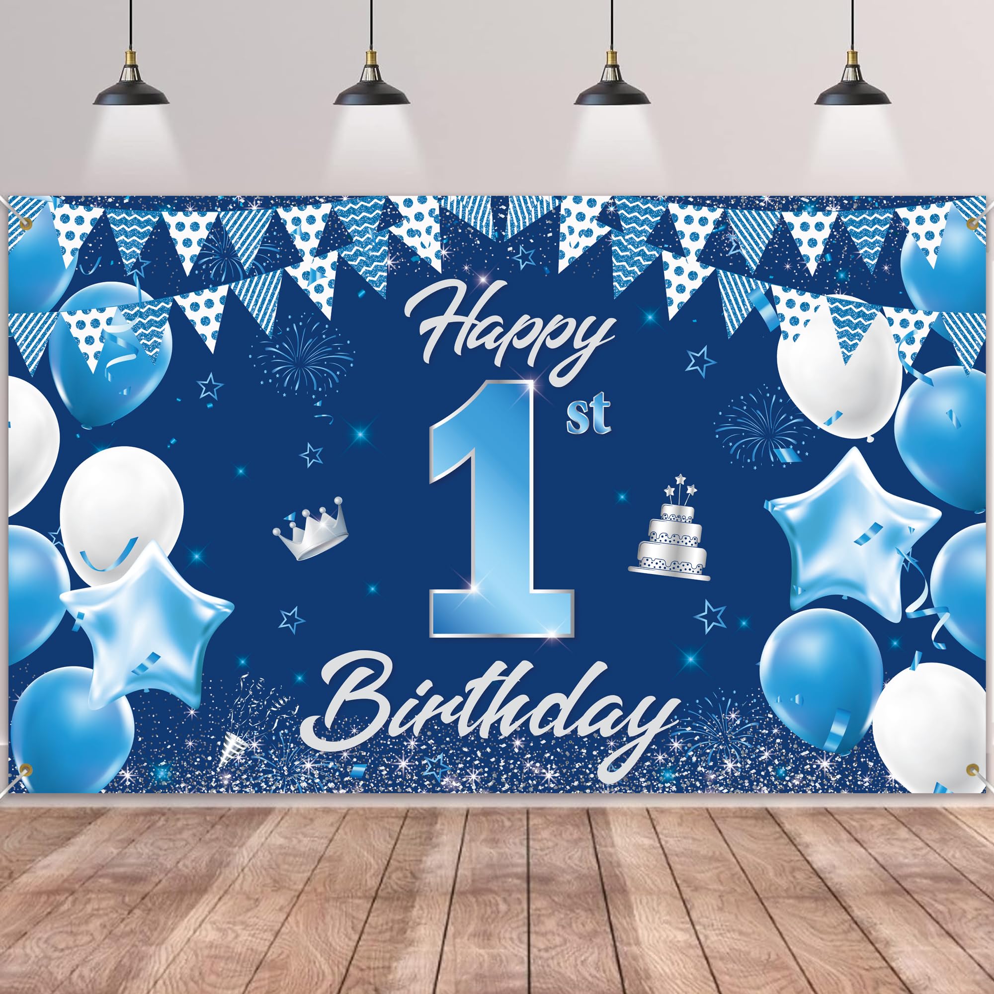 1st Birthday Backdrop Banner Blue - 1 Piece Happy 1st Birthday Deco ...