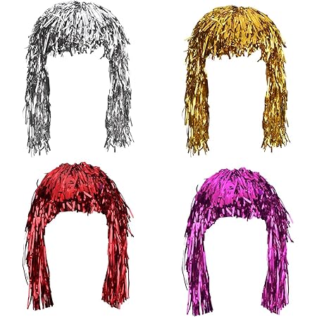 Amazon.com: 4 Pieces Foil Tinsel Wigs Fancy Dress Shiny Party Wig ...
