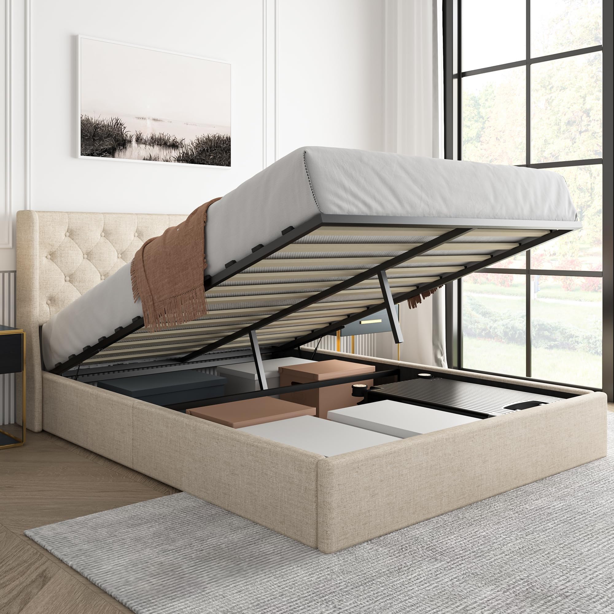 Amazon.com: Catrimown Full Size Lift Up Storage Bed, Upholstered Tufted ...