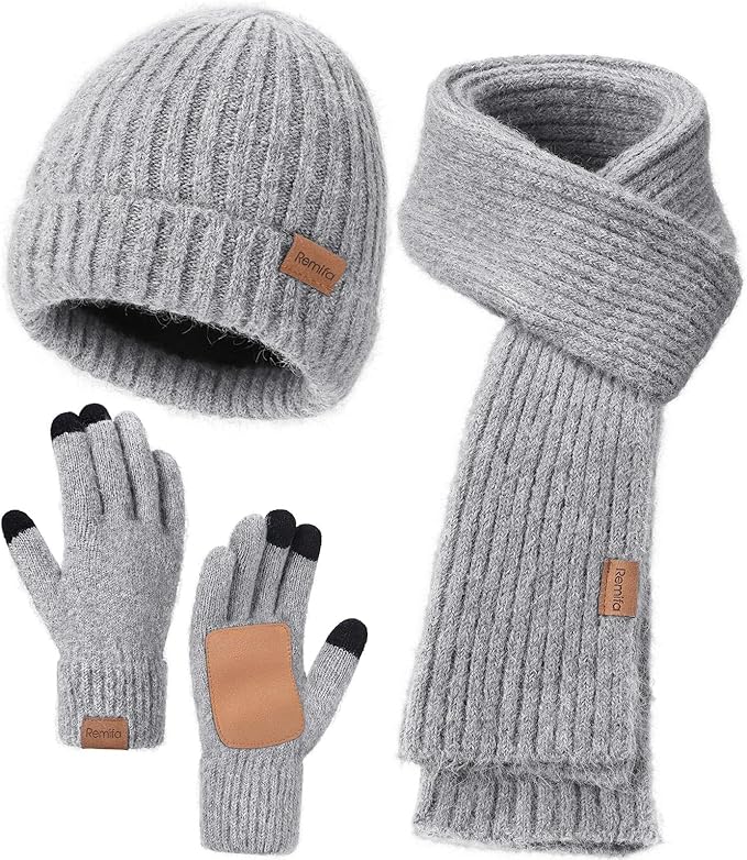 Remifa Beanie Hat Scarf Gloves Set for Women Men, Winter Beanie Long ...