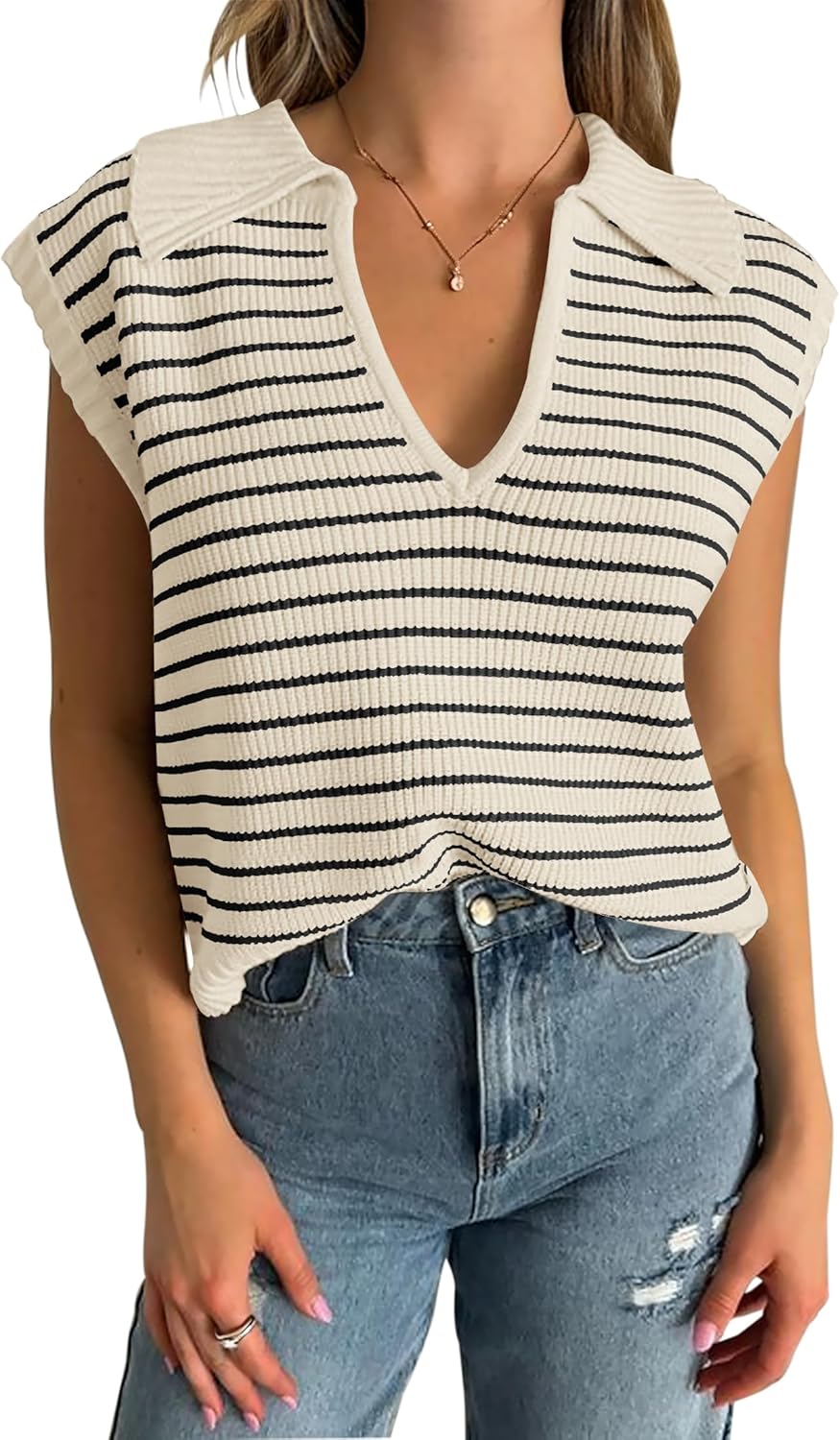 NENONA Women's V Neck Cap Sleeve Summer Sweater Tops 2024 Striped ...
