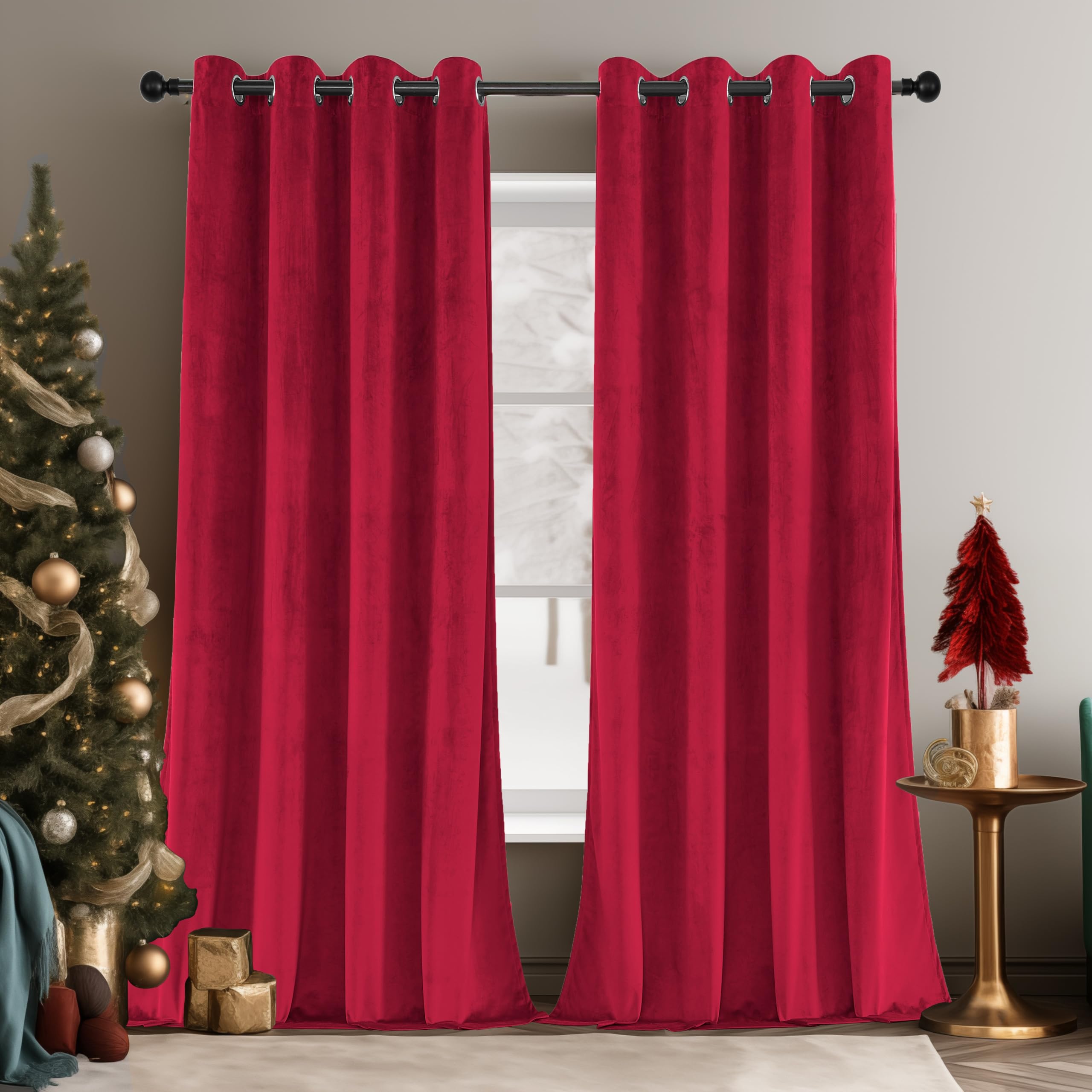 SMILETIME Red 96 in Long Velvet Curtains with Grommet, Thermal ...