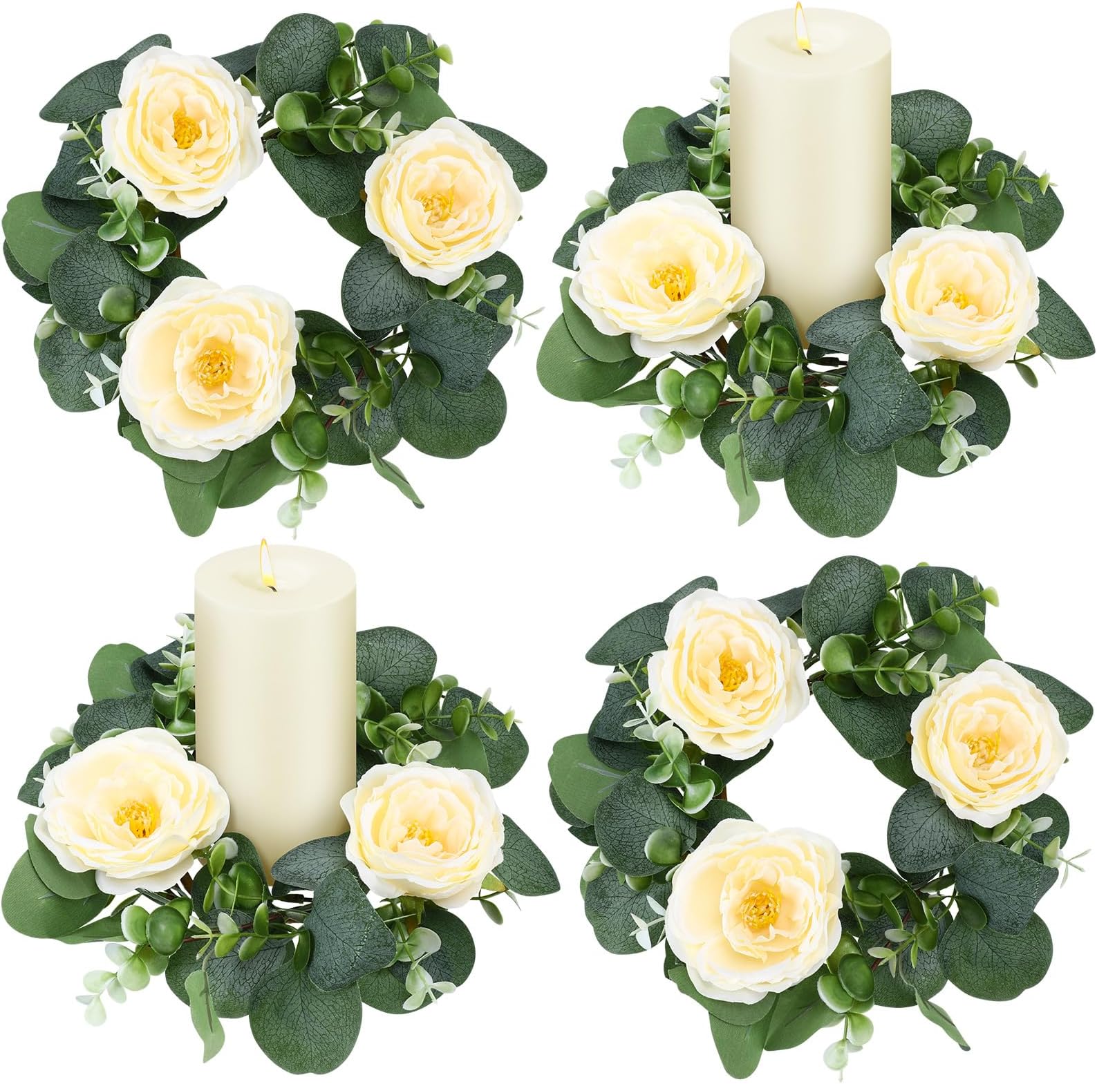 Amazon.com: Yunlly 4 Pcs Artificial Rose Candle Rings Wreaths Wedding ...
