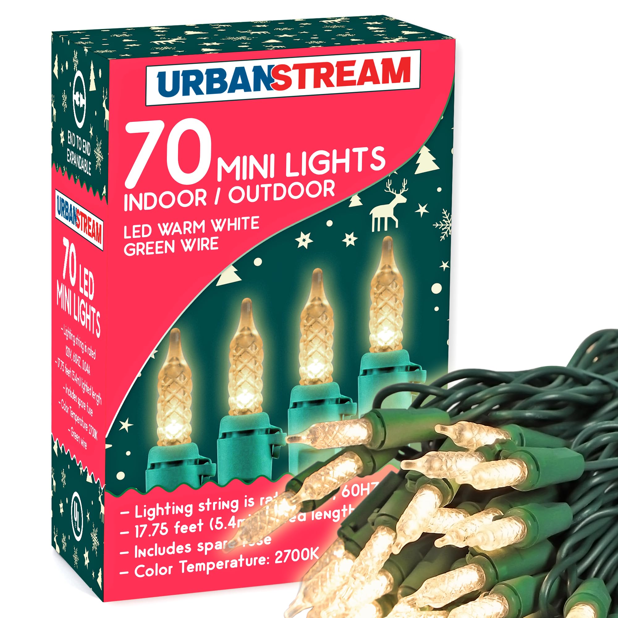 70 LED Christmas Mini Lights M5-5.4m/17.7ft 120V - Warm White Bulbs ...