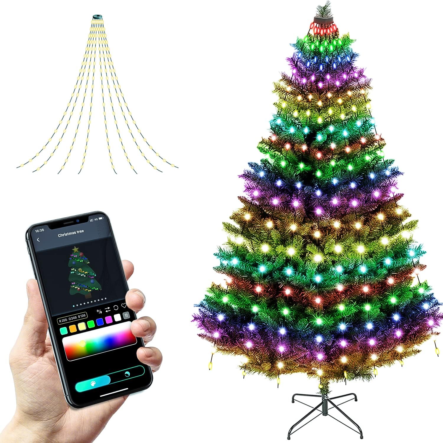 Horsetail Christmas Tree Lights Decorations with Ring Smart APP, 160LED ...