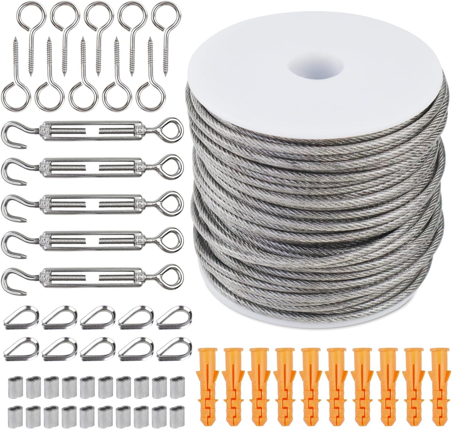 Yunking 1/16" Wire Rope Kit，Steel Wire Cable，Coated 304 Stainless Steel ...