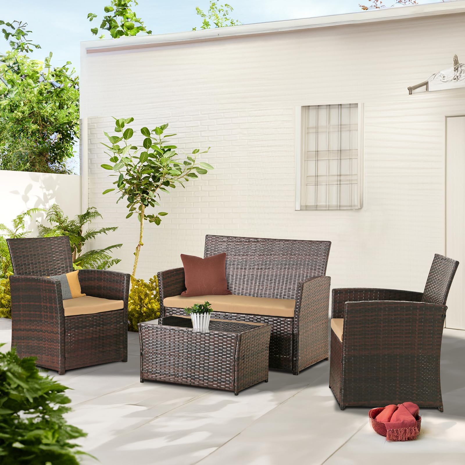 Amazon.com: FDW Patio Furniture Set 4 Pieces Outdoor Rattan Chair ...