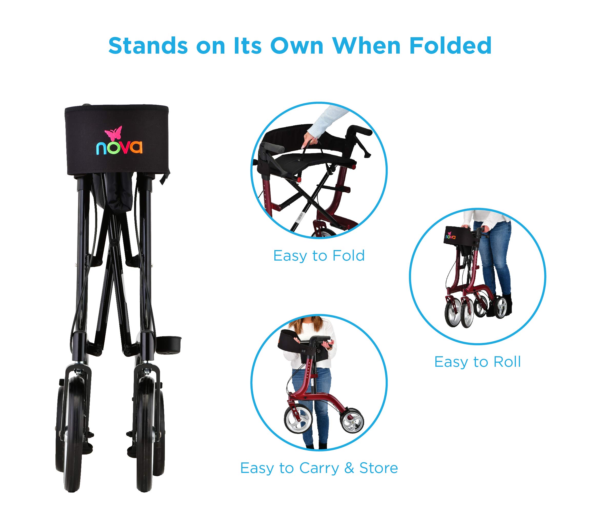 NOVA Medical Products Express Rollator Walker, Large 10” & 8” Wheels ...