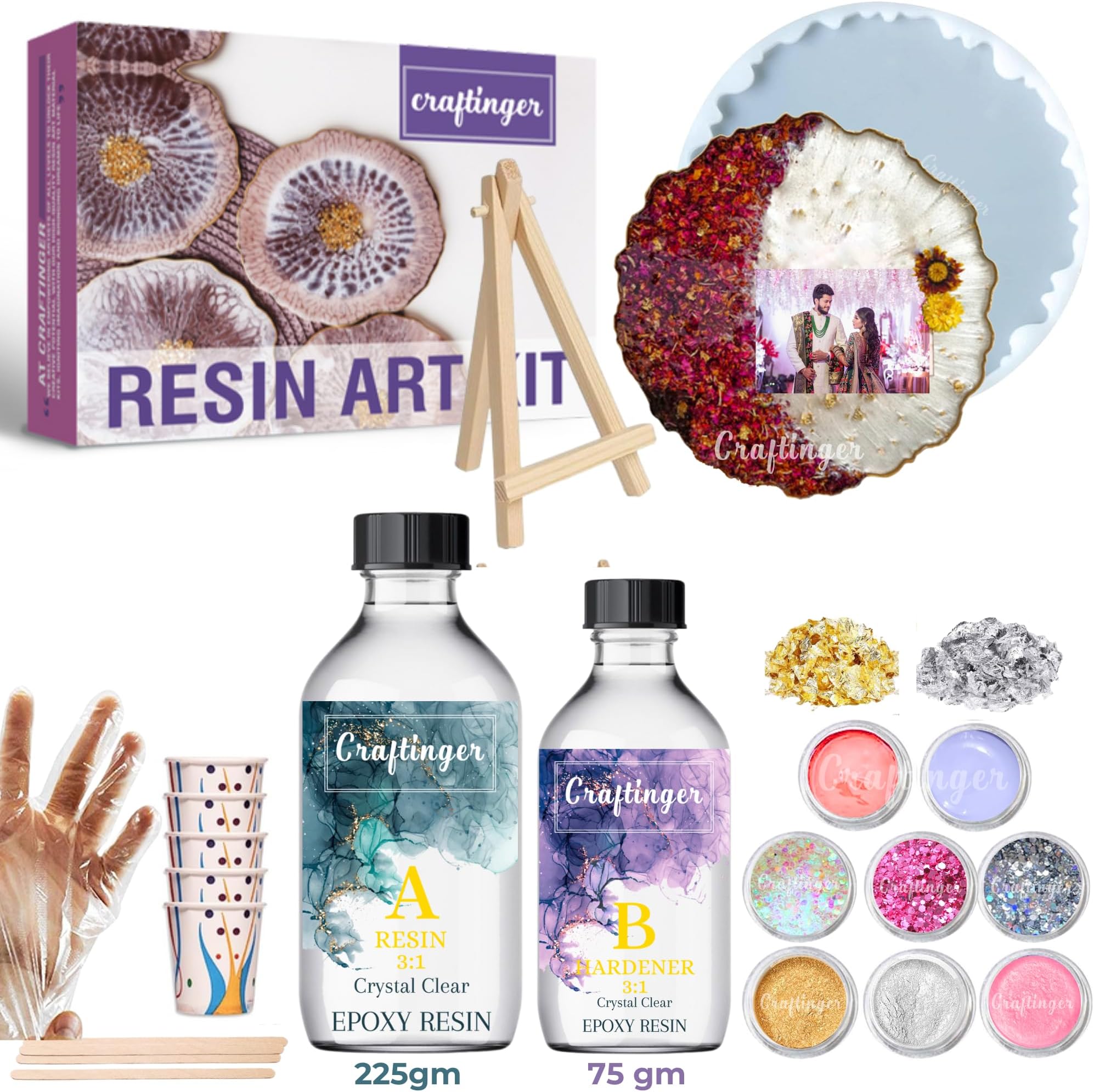 Epoxity Resin DIY Kit Photoframe Kit with 300gm 2:1 Resin, Wooden Stand ...