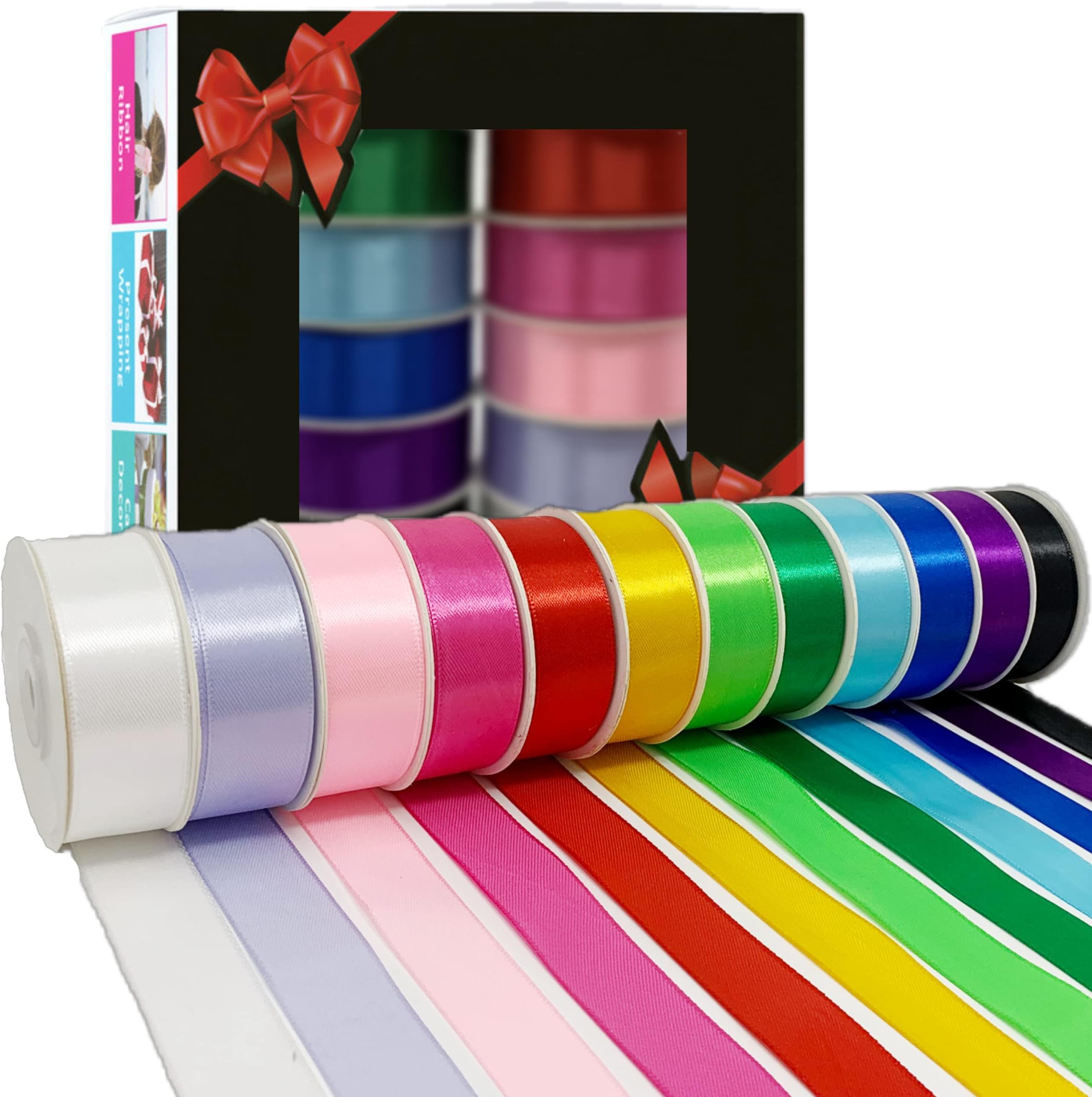 12 Colours of Satin Ribbon for Crafting - 25mm X 23 Meters Per Roll ...