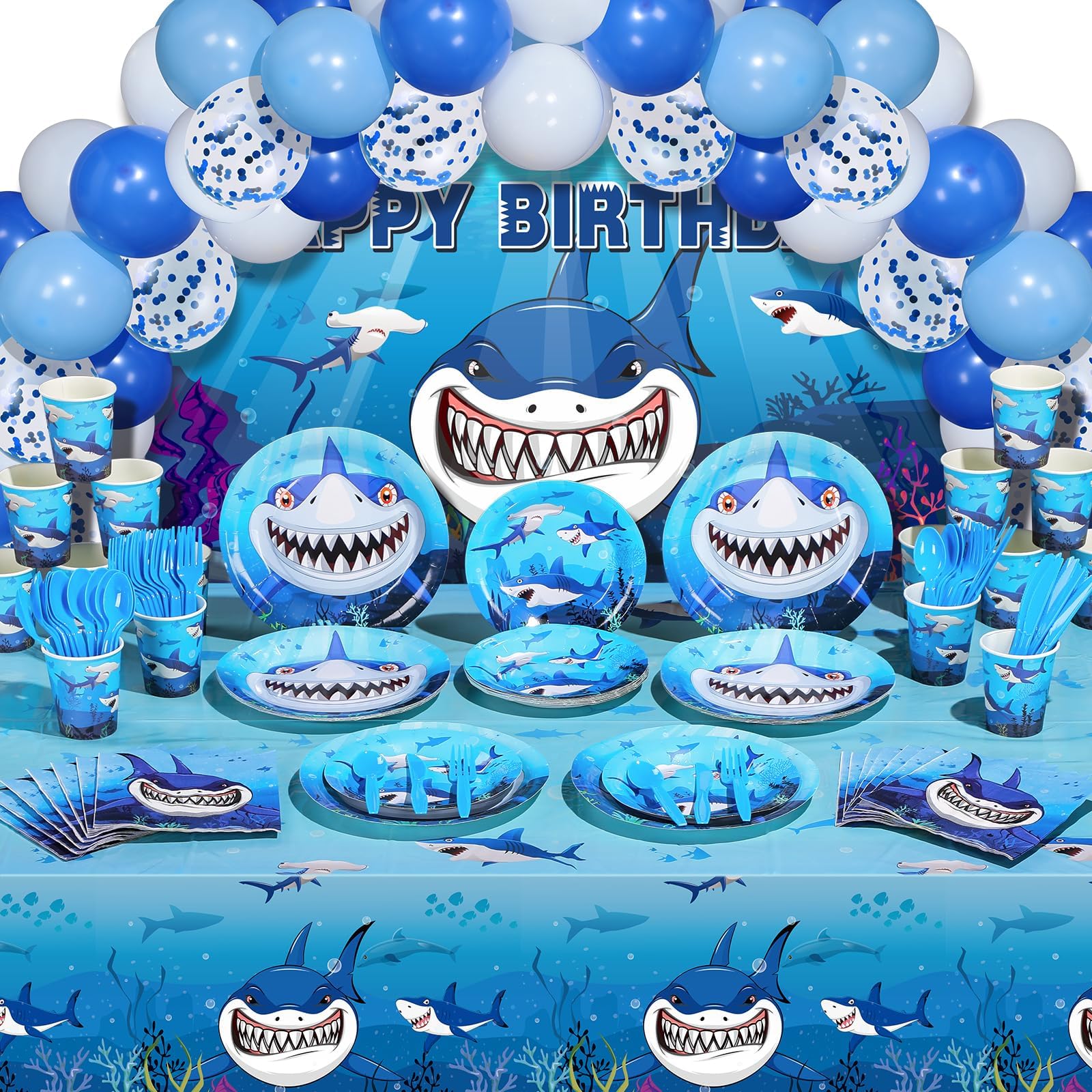 Amazon.com: Fangleland Shark Happy Birthday Banner Decorations - Ocean ...