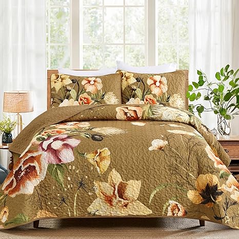 Amazon Drucon Brown Floral Quilt Set King Size 3 Pieces Brown