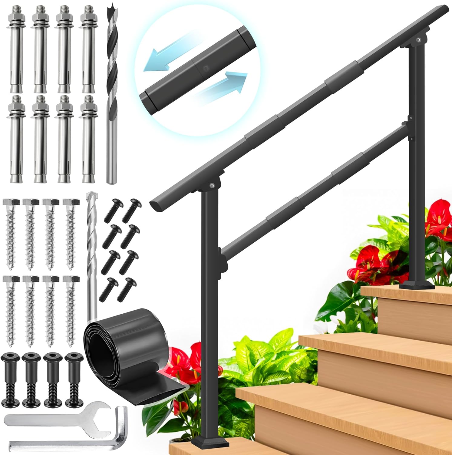 [Adjustable] Step Handrail for 0-5 Steps, Upgraded Black Railings for ...