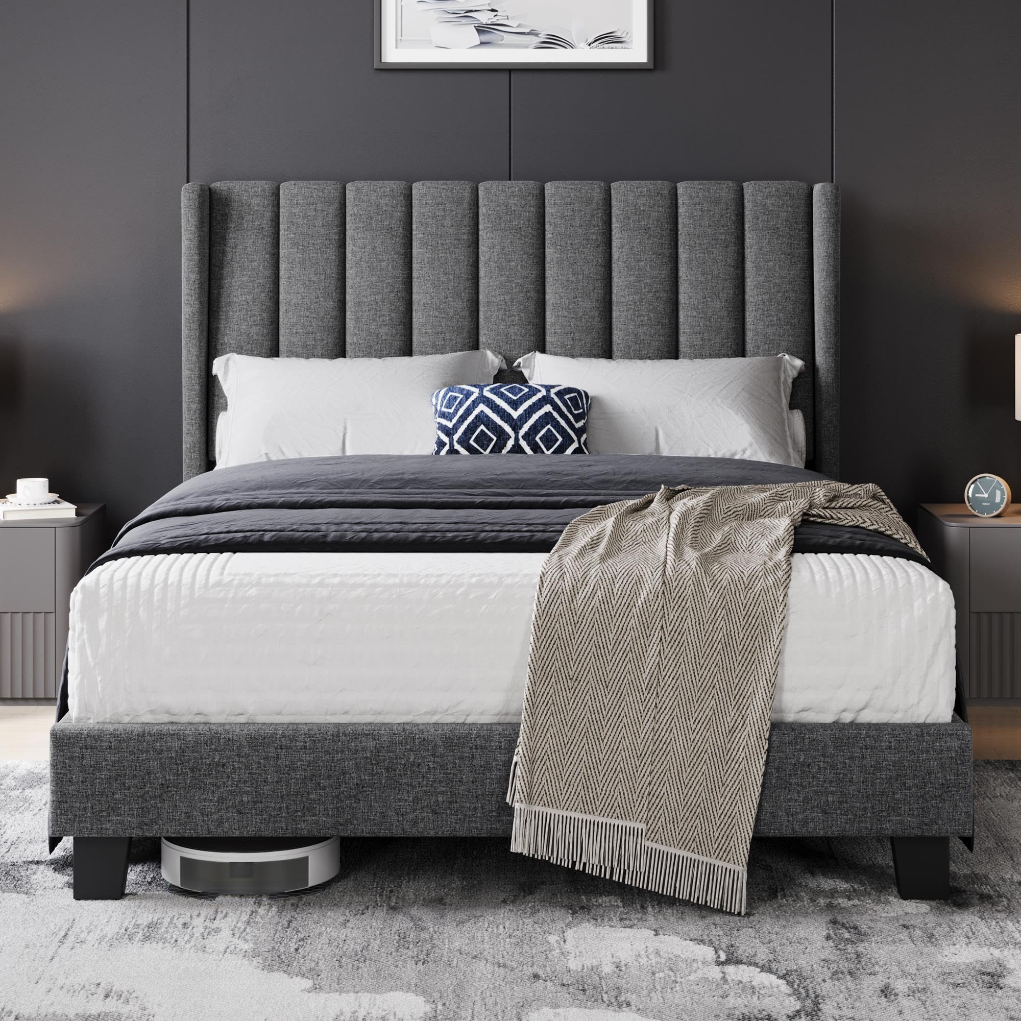 Yaheetech Double Bed Frame, Upholstered Platform Bed with Channel ...