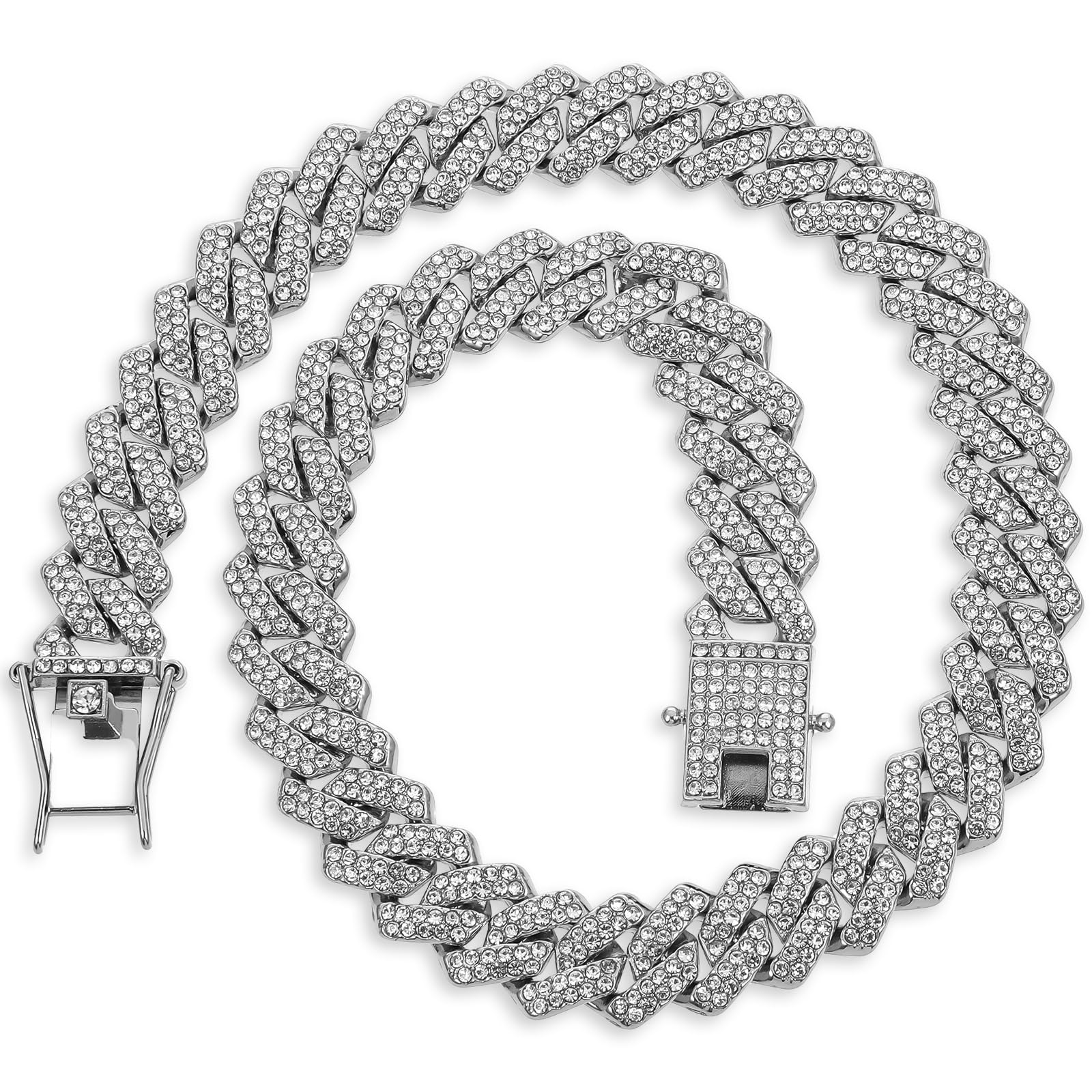 salbsever Cuban Link Chain Rhinestone Necklace ilver Miami Cuban ...