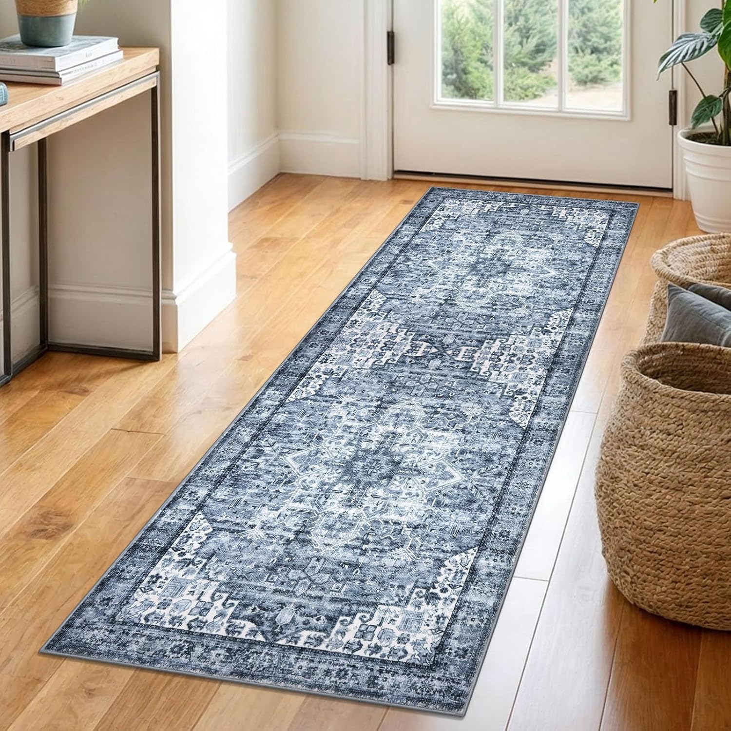 Amazon.com: SIILOOM 2x6 Blue Runner for Hallways Non-Slip Printed ...