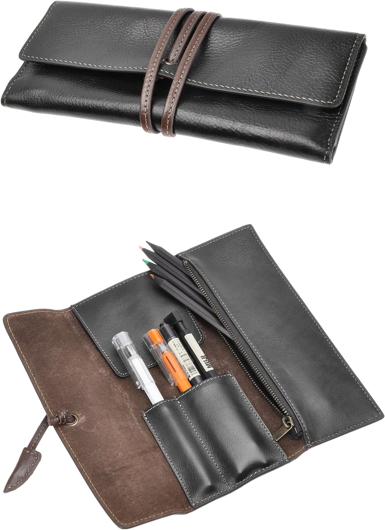 Amazon.com: Rustic Genuine Leather Pencil Roll - Pen and Pencil Case ...